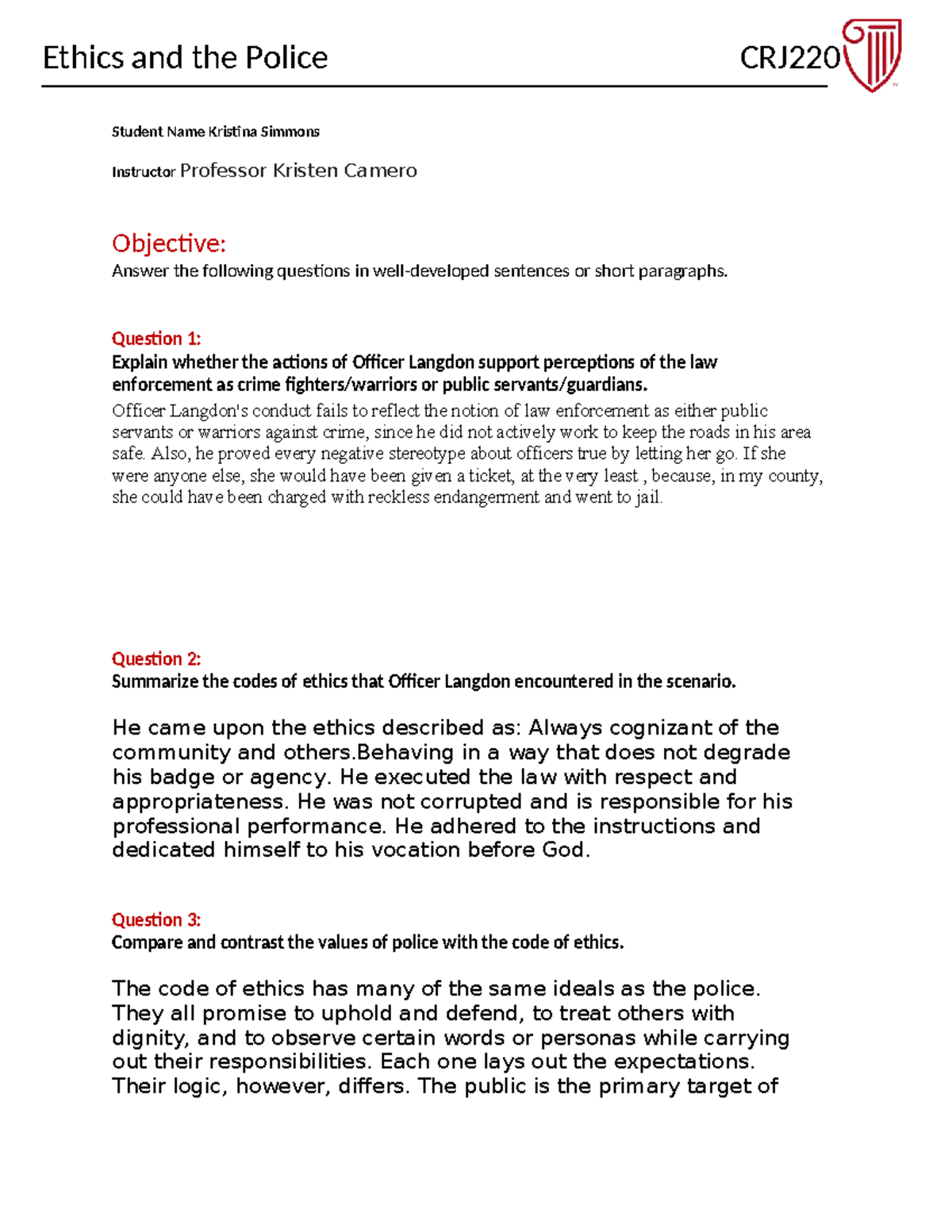 CRJ220 Ethics Reflection on Police Conduct and Values - Studocu