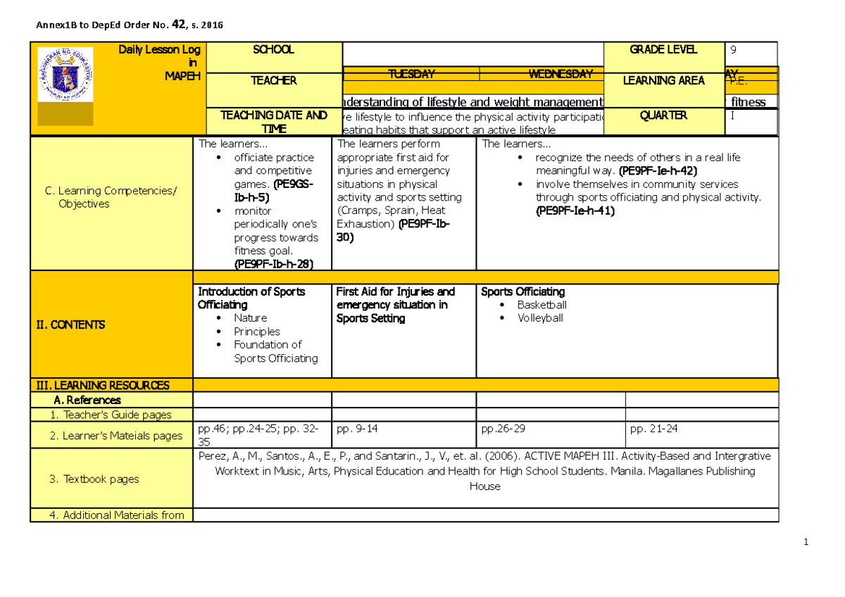 Grade 9 PE Q1 DLL Week 2: Sports Officiating & First Aid Essentials ...