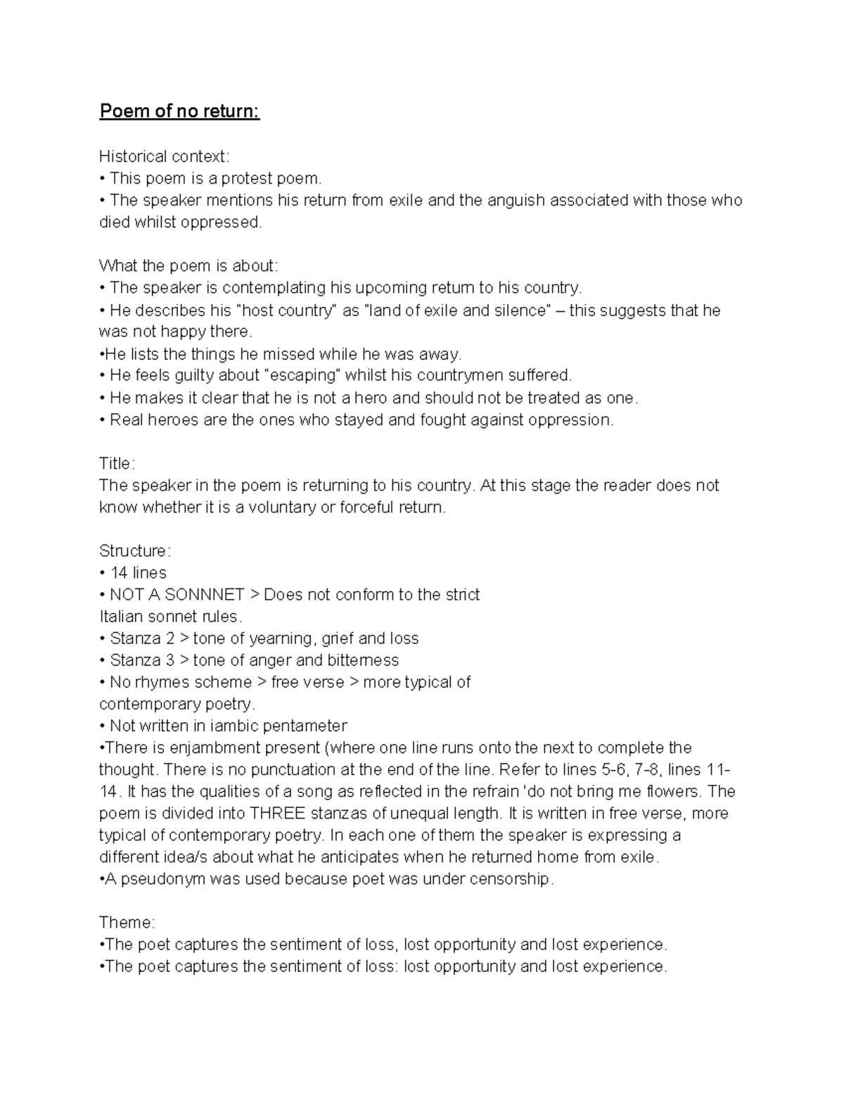 Poem Analysis: "Poem of No Return" - Cheat Sheet for Study - Studocu