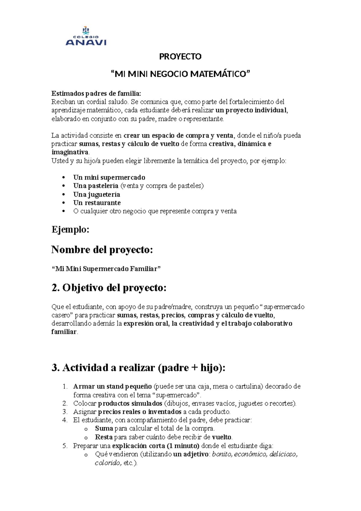 Proyecto Mini Negocio: Actividad Matemática 2DO M - Studocu