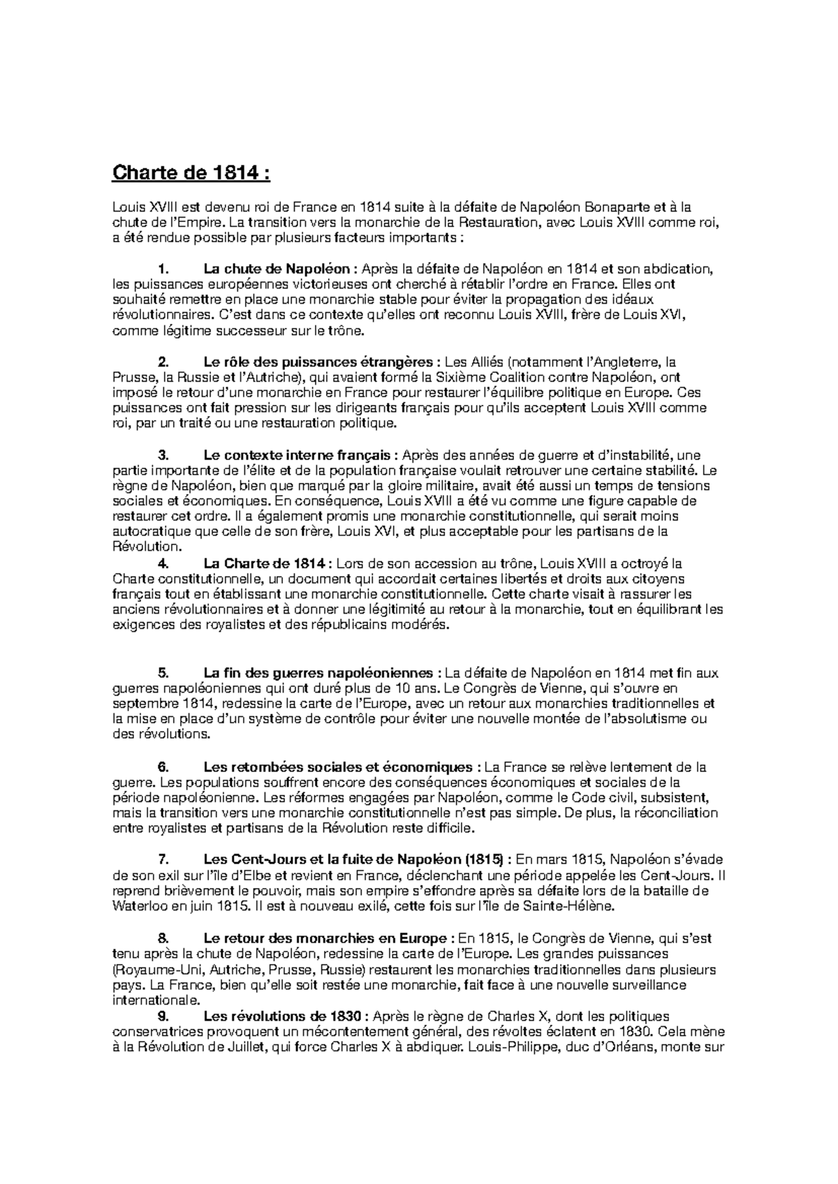 Fiche de révision histoire du droit 2 - Charte de 1814 : Louis XVIII ...
