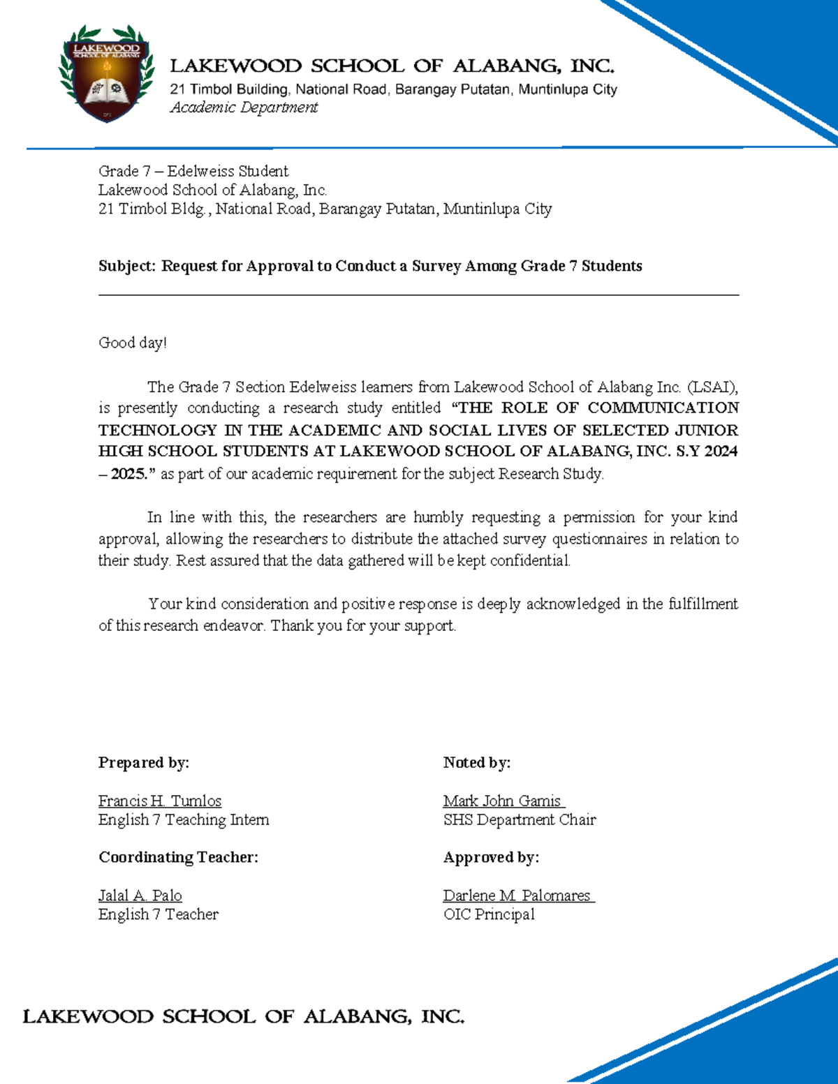 Request for Approval to Conduct Grade 7 Survey - Research Study - Studocu