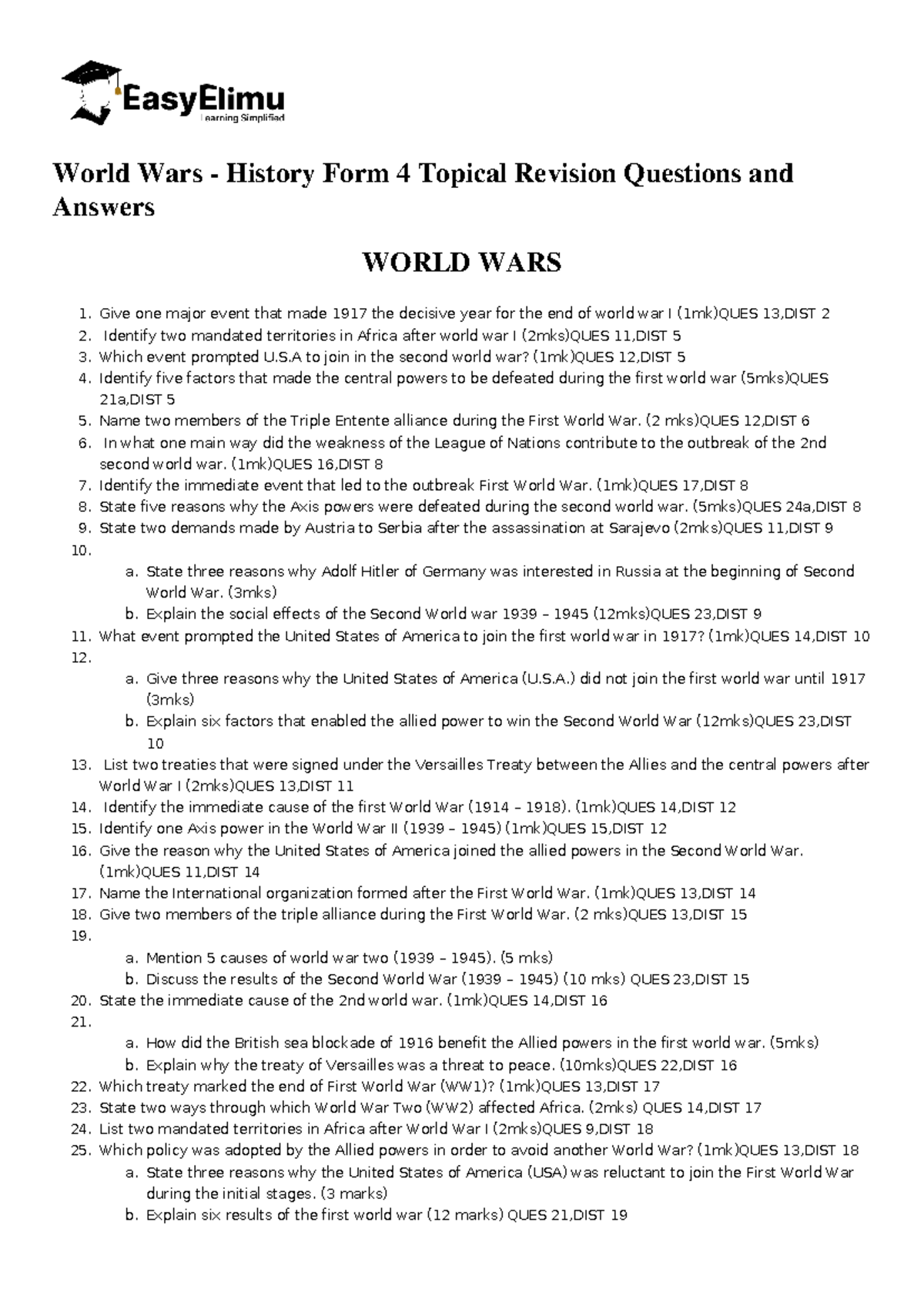 Hs World Wars - History Form 4 Final Exam Revision Questions and ...