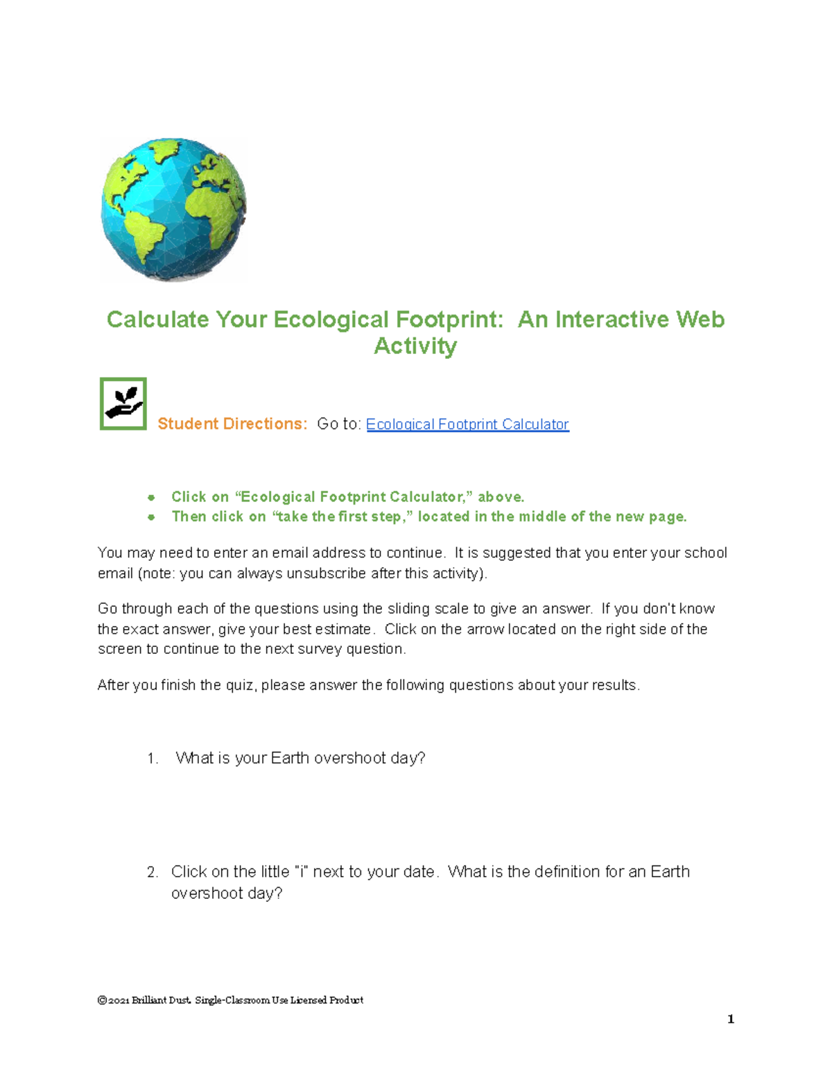 Ecological Footprint Activity: Student Directions & Quiz Guide - Studocu