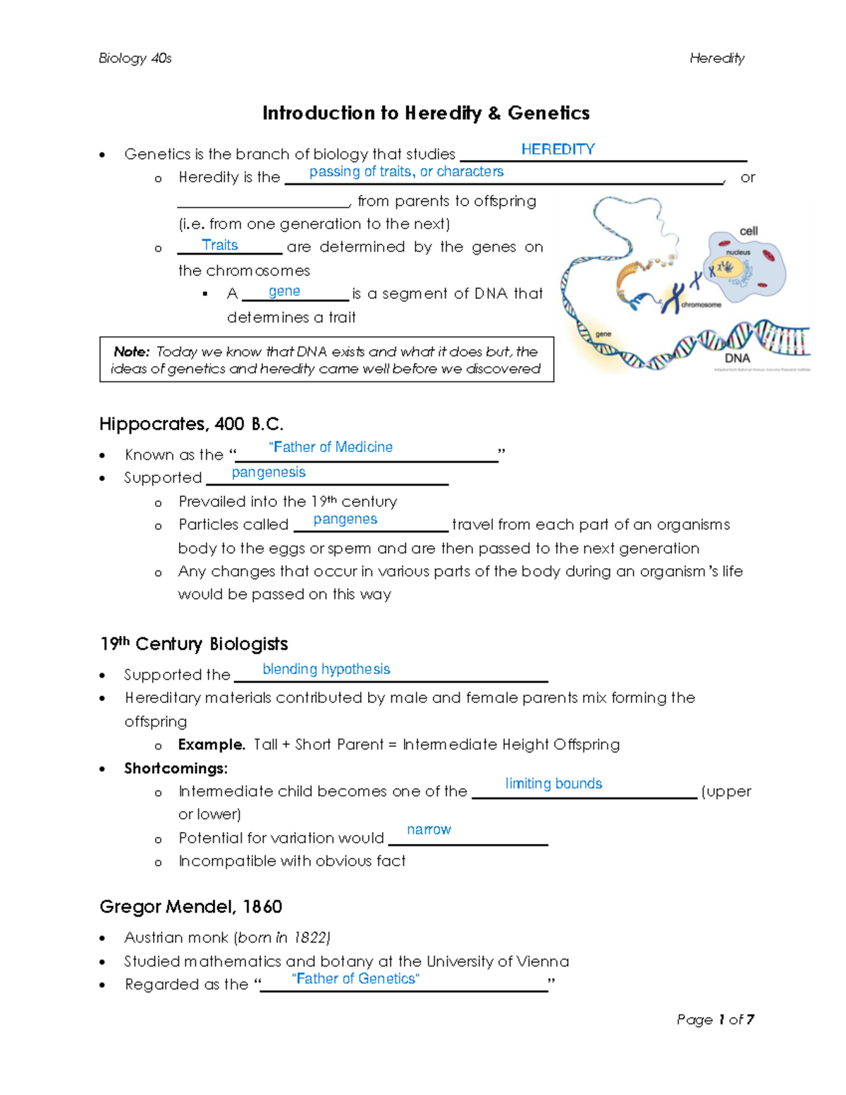 1 - Introduction to Mendelian Genetics Notes Outline - Update 2023 ...