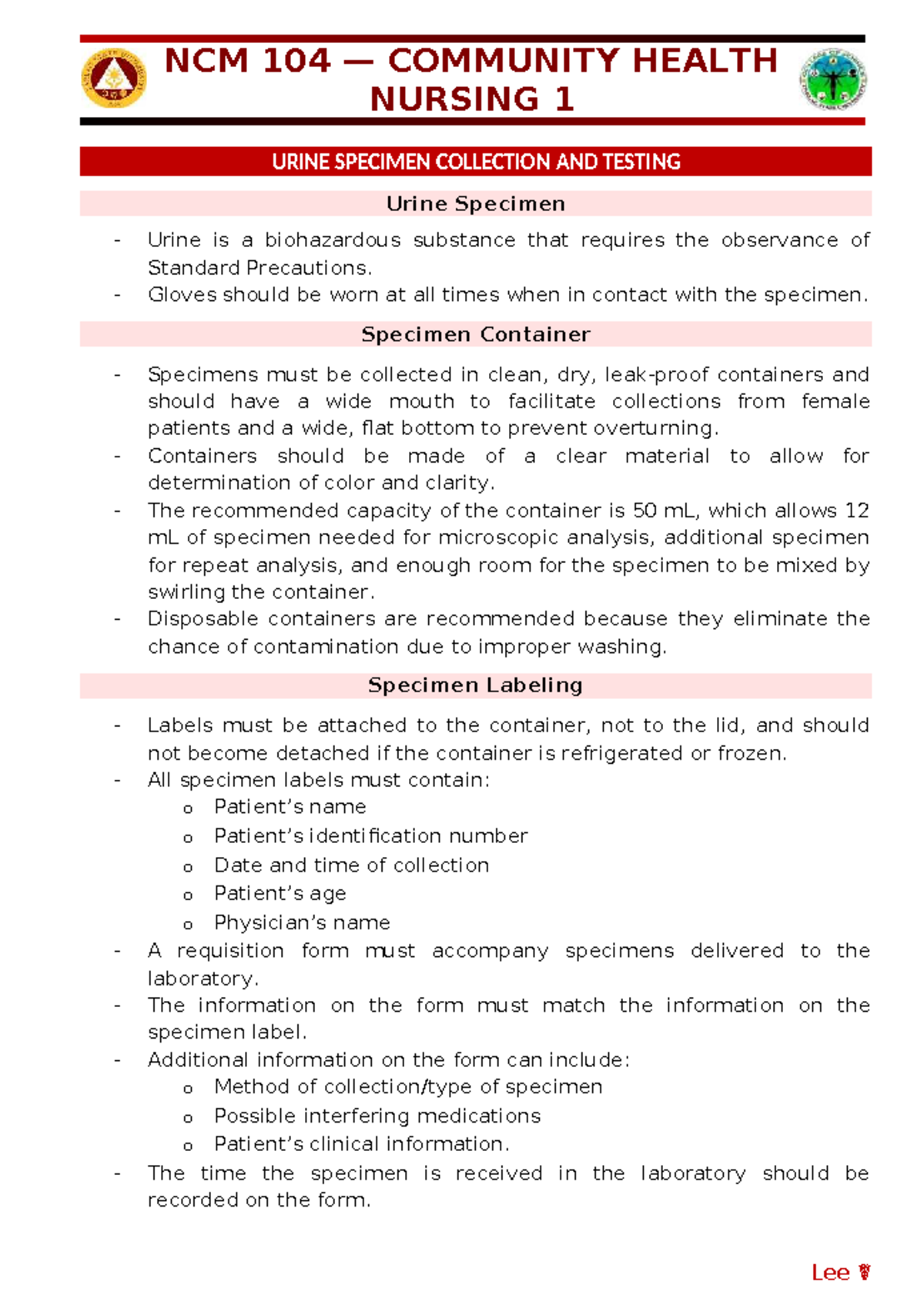 B5 NCM 104 - Community Health Nursing: Urine Specimen Collection ...