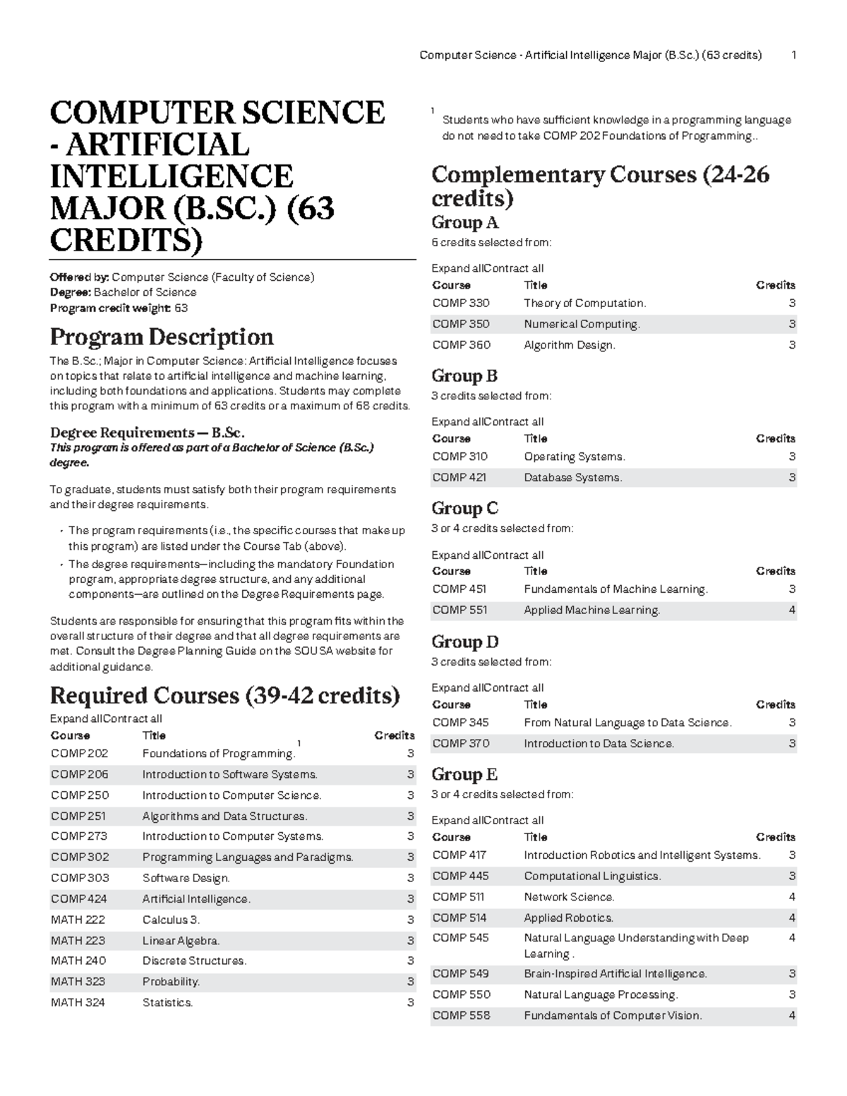 Computer Science AI Major (B.Sc.) Overview and Course Requirements - Studocu