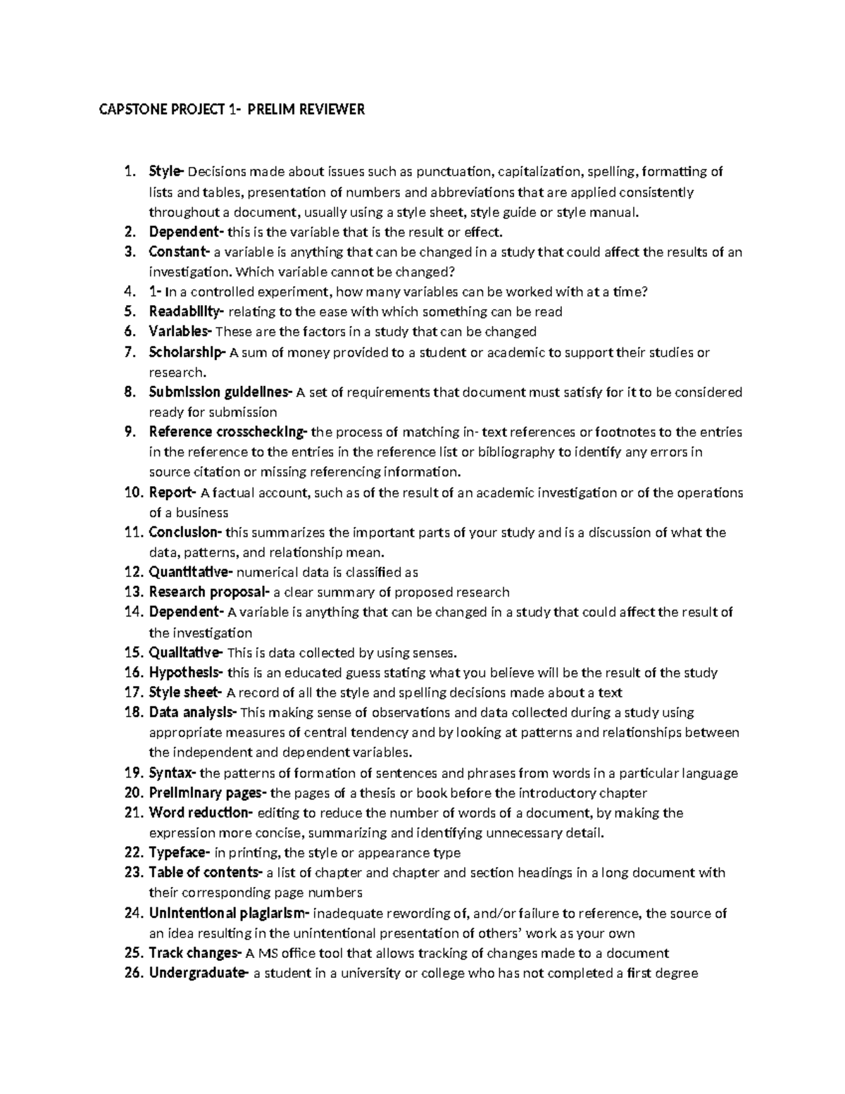Capstone Project 1: Preliminary Review Guide and Key Concepts - Studocu