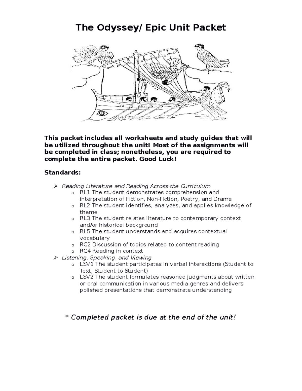The Odyssey Unit Packet (9th Grade Literature) - Spring 2023 - Studocu