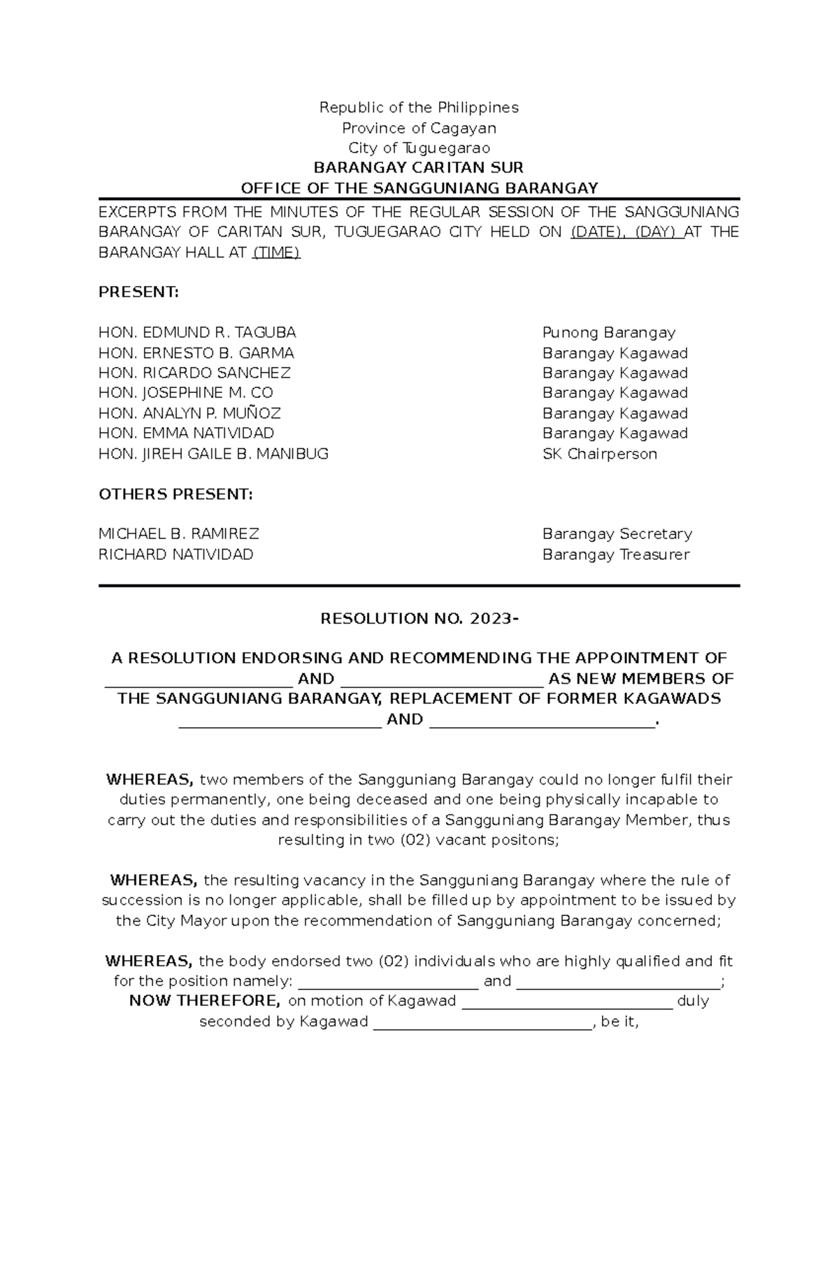 Barangay Resolution Template for Appointing Kagawads (2023) - Studocu