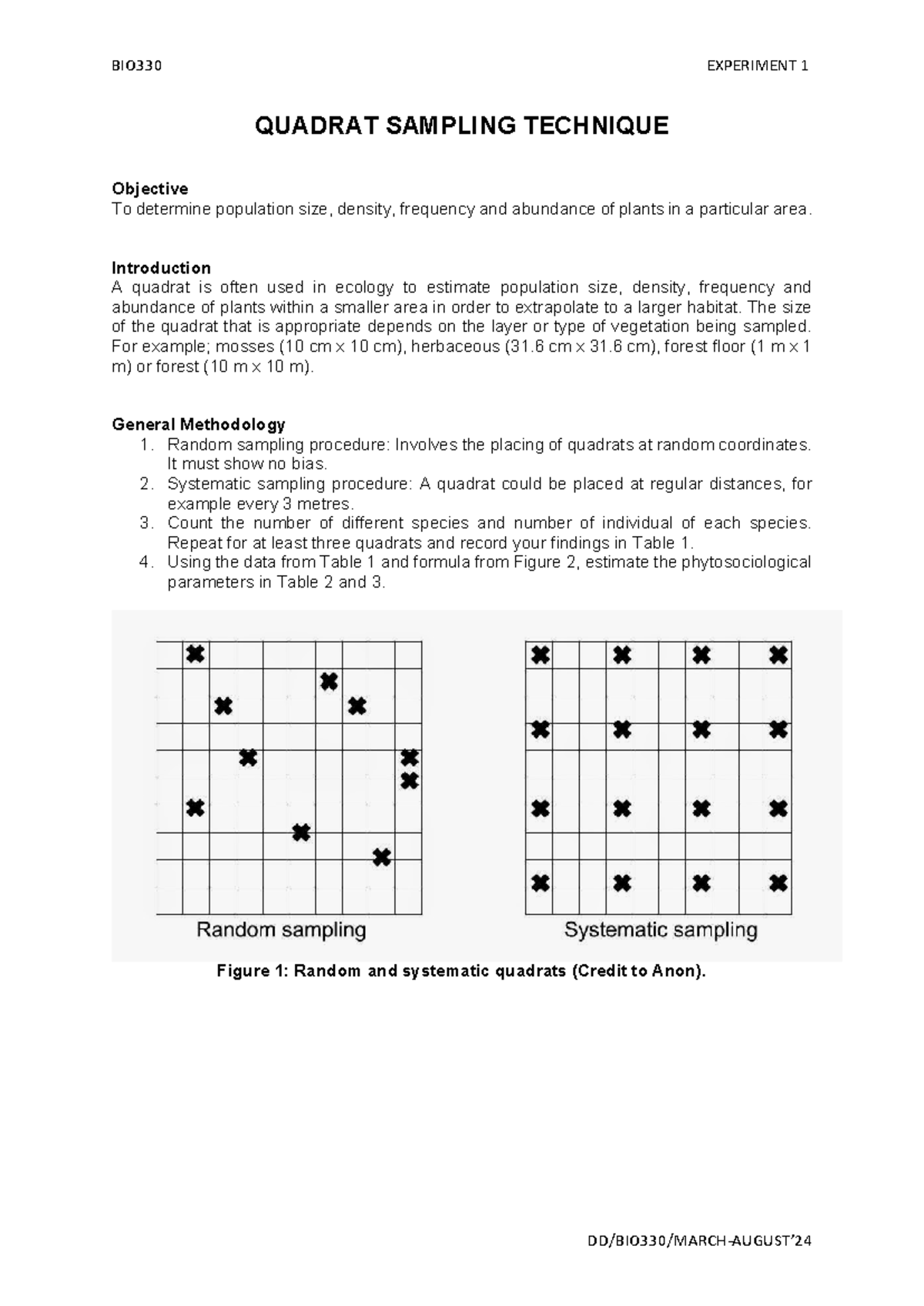 BIO330 EXP 1: Quadrat Sampling Technique and Methodology Guide - Studocu
