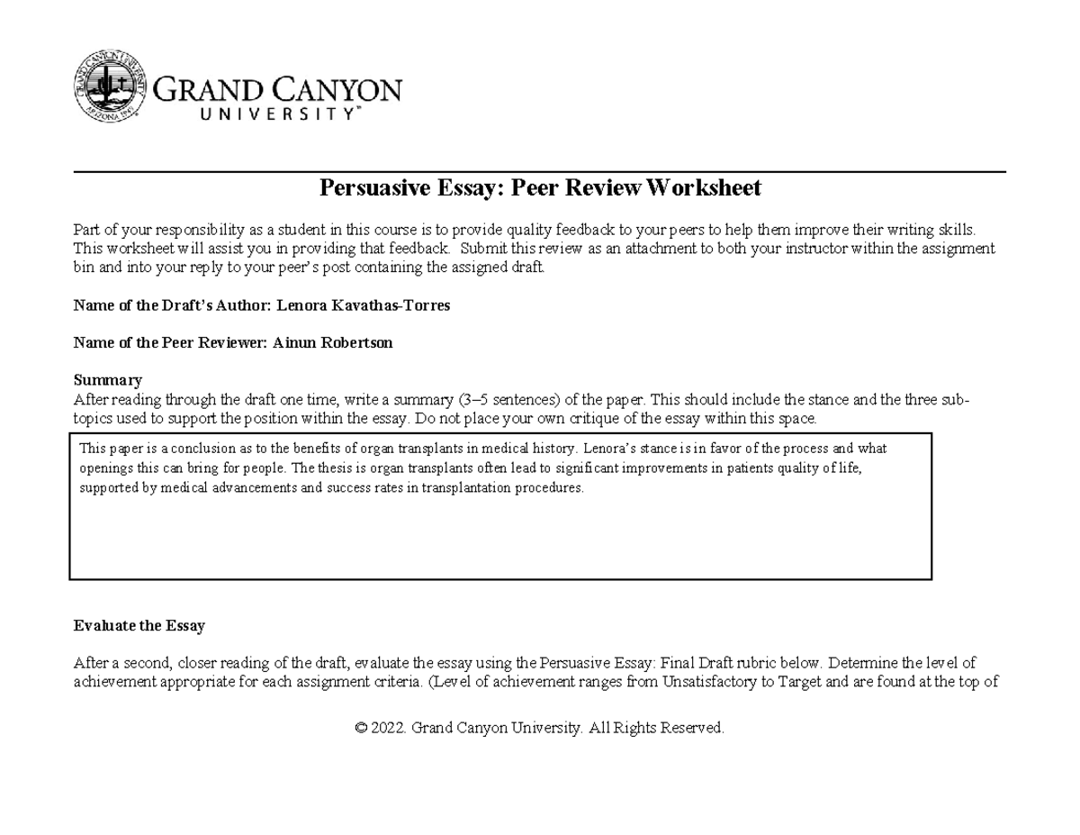 Peer Review Worksheet for Persuasive Essay - PHI105 - Studocu