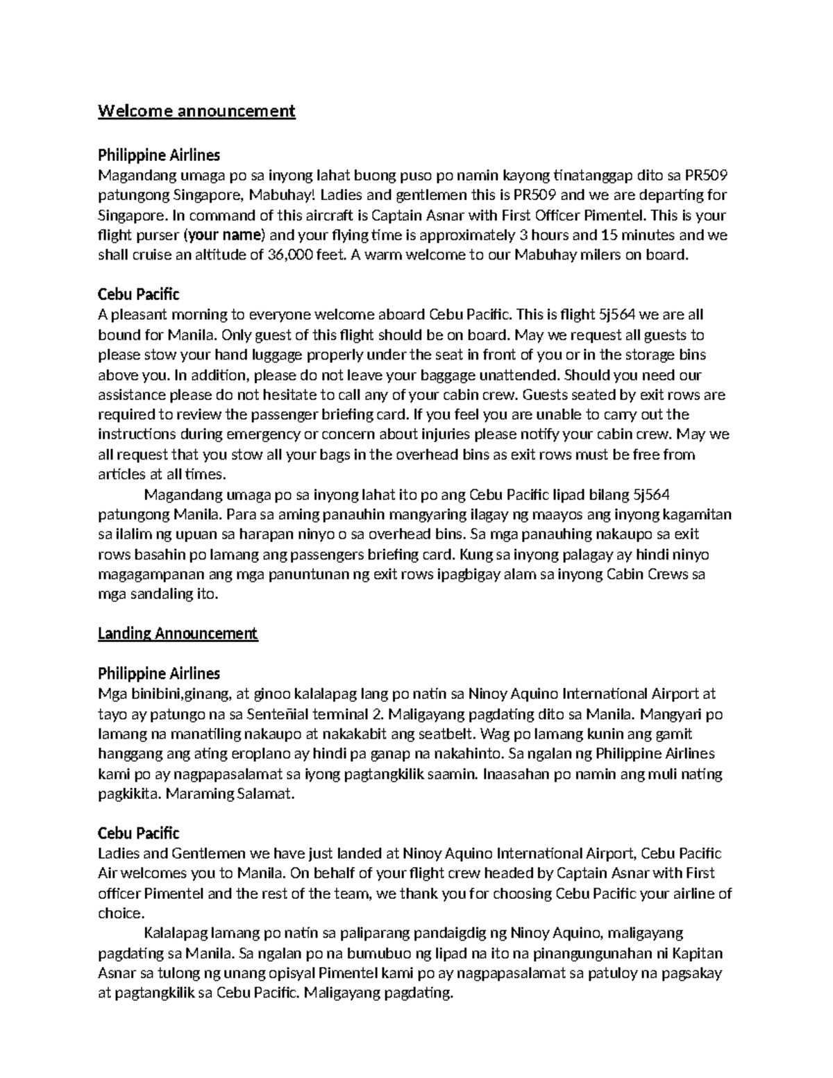 Flight Announcements for PR509 & 5J564: Welcome & Landing - Studocu