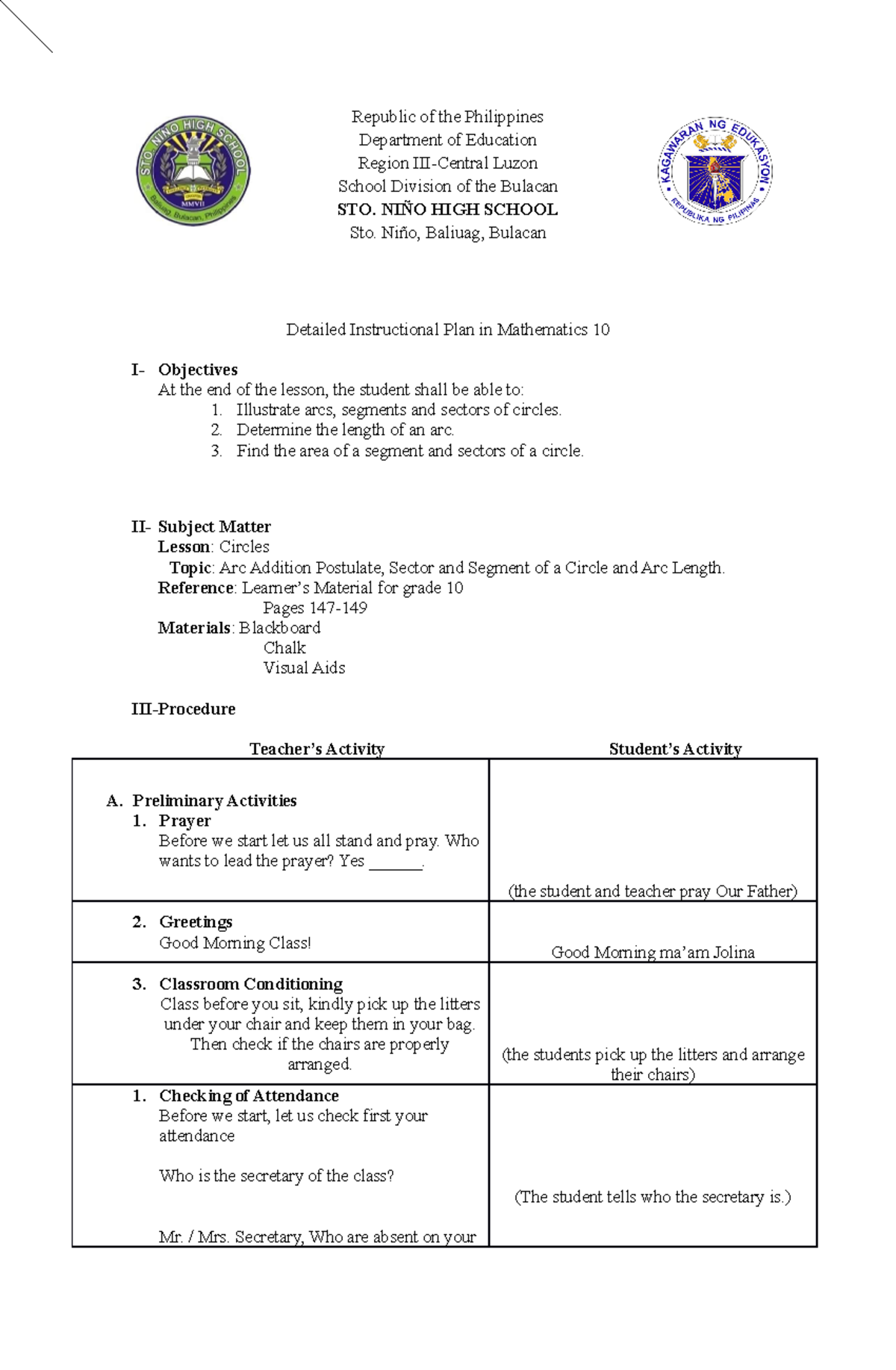 Mathematics 10 Lesson Plan: Arc Addition Postulate & Circles - Studocu