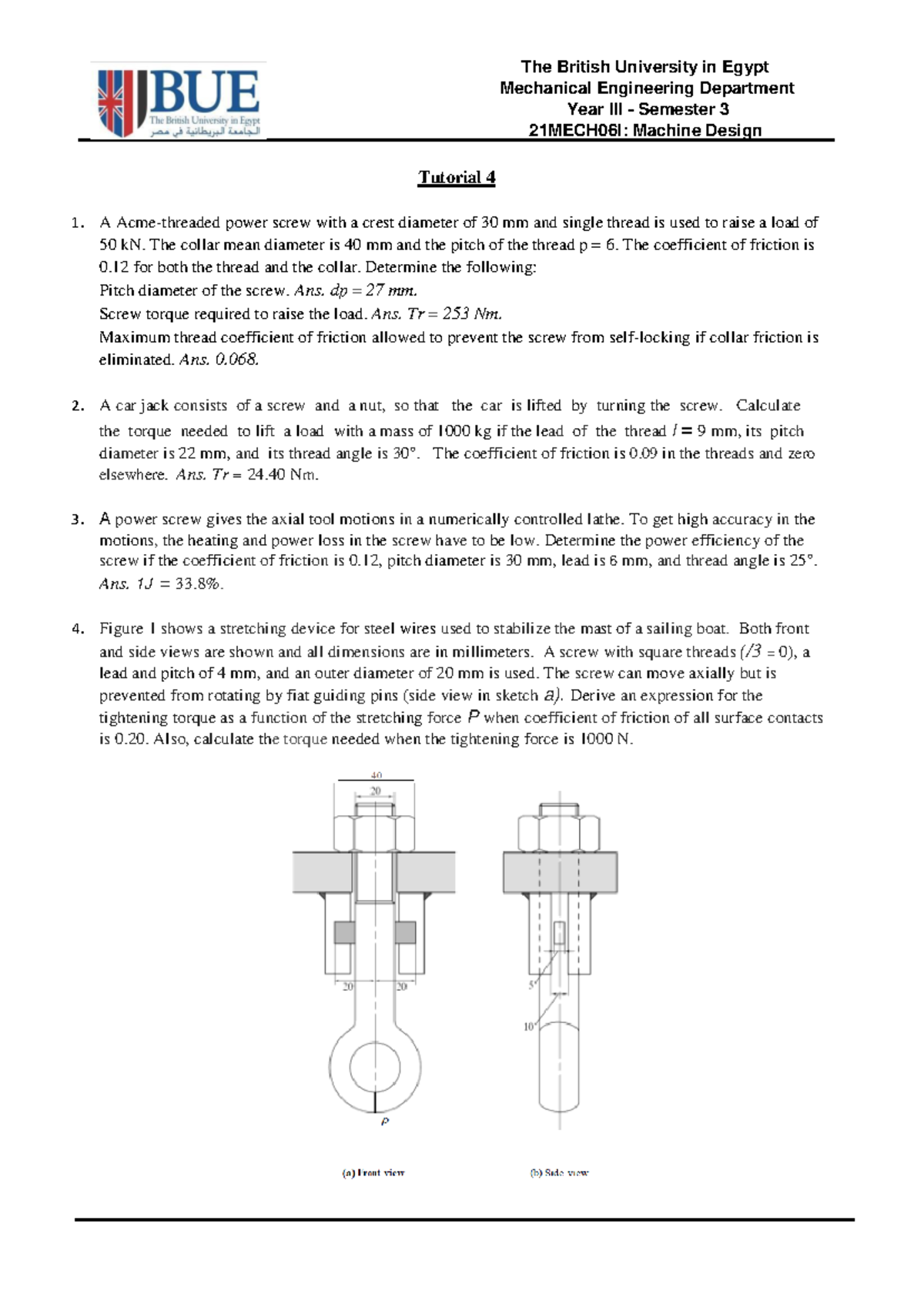 Tutorial 4 - tut 4 - The British University in Egypt Mechanical ...