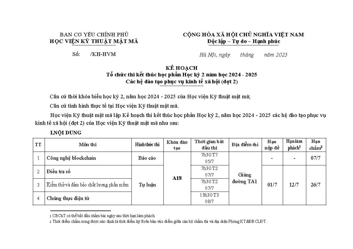 Kế Hoạch Thi Kết Thúc Học Phần HK2 2024-2025 KTXH Đợt 2 - Studocu