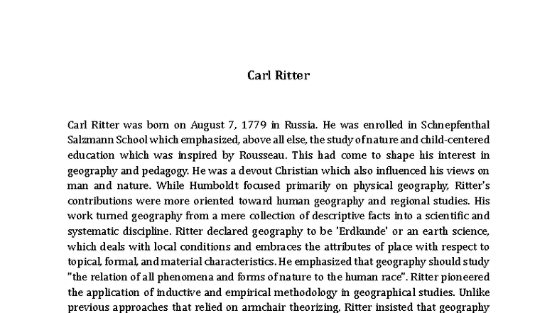 Carl Ritter: The Founding Father of Modern Geography (GEOG 101) - Studocu