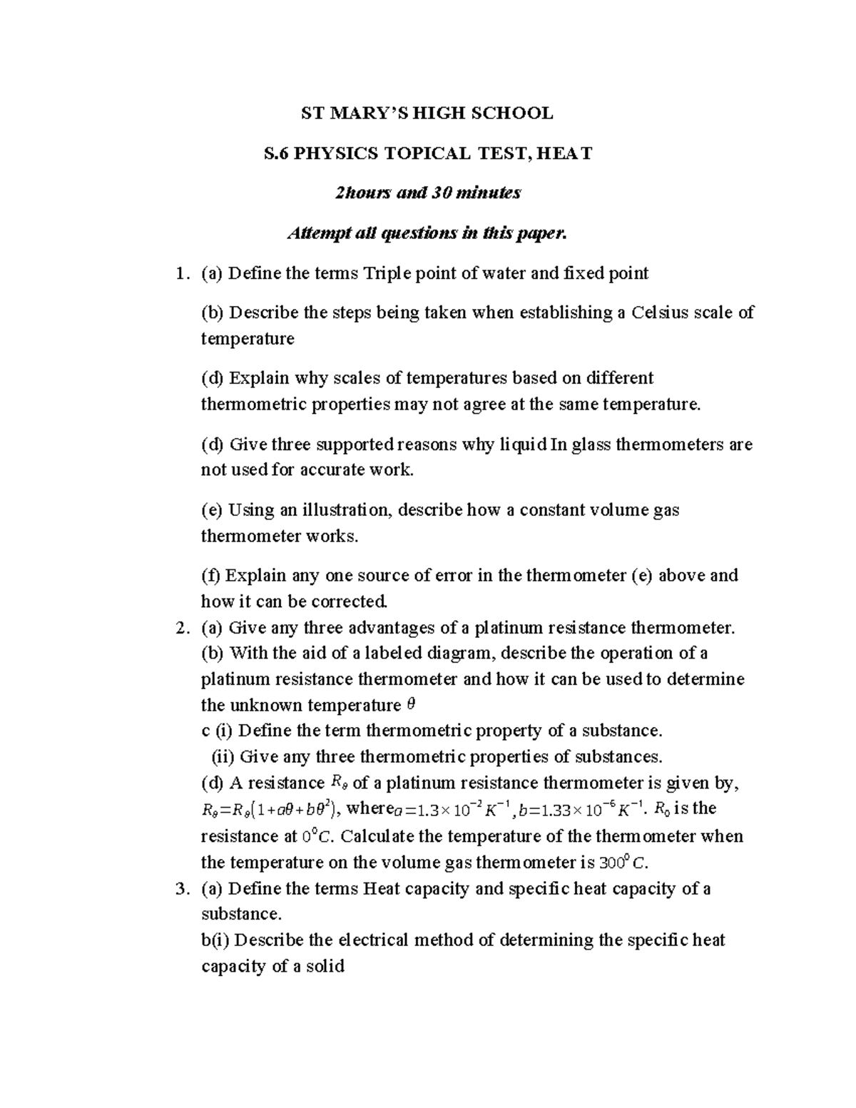 Senior SIX Pysics, HEAT - ST MARY’S HIGH SCHOOL S PHYSICS TOPICAL TEST ...