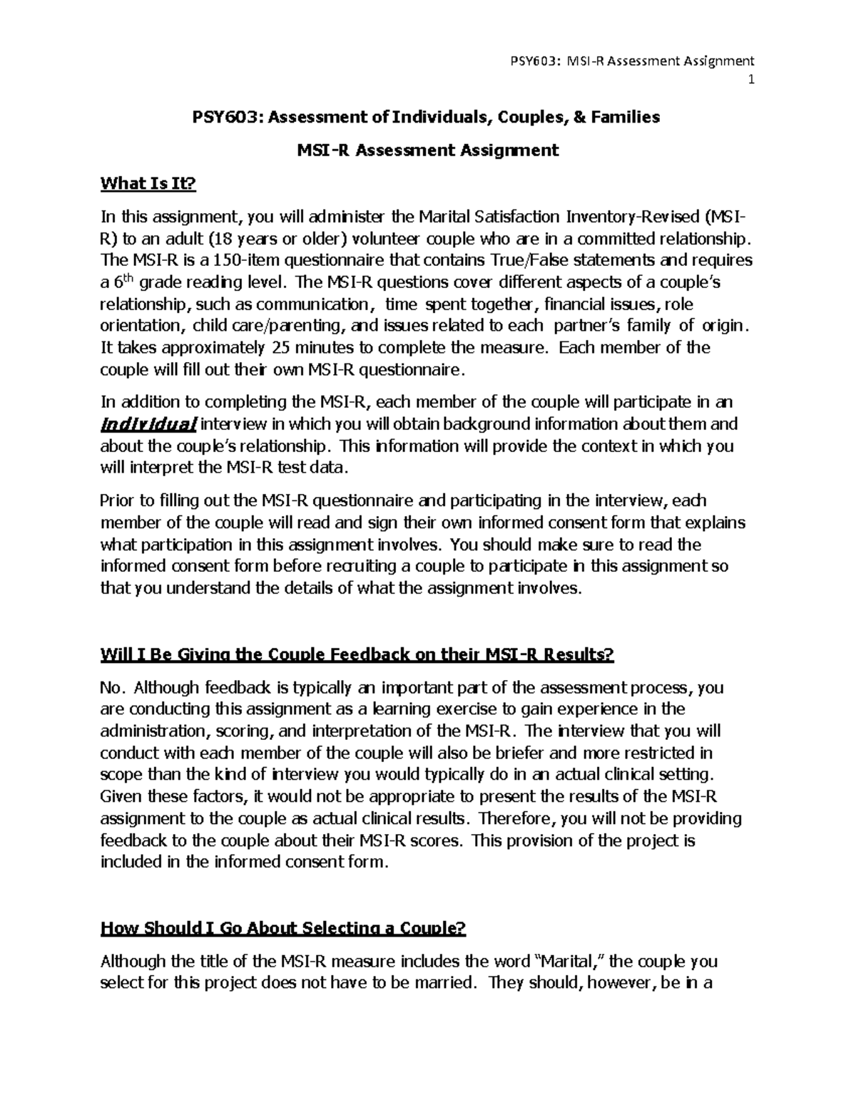 PSY603: Assessment Assignment 1 - Marital Satisfaction Evaluation Guide ...
