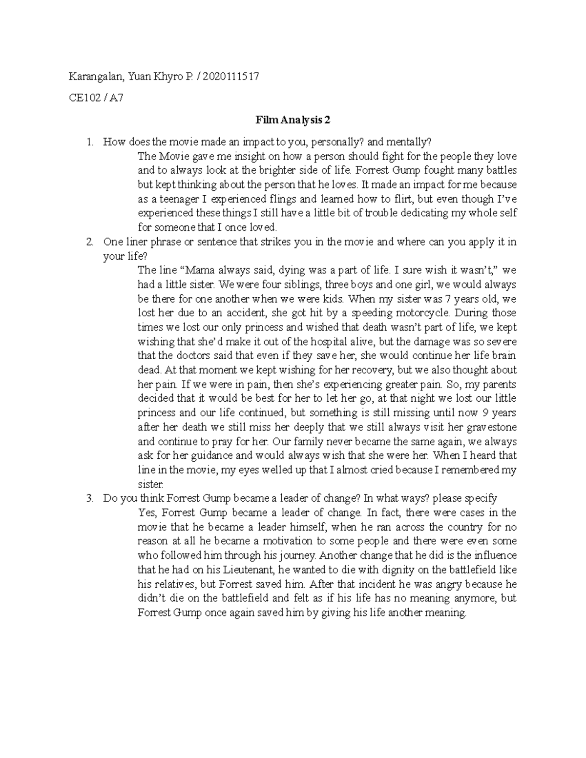Data Analysis - A reflection and reaction paper on the film Forrest ...