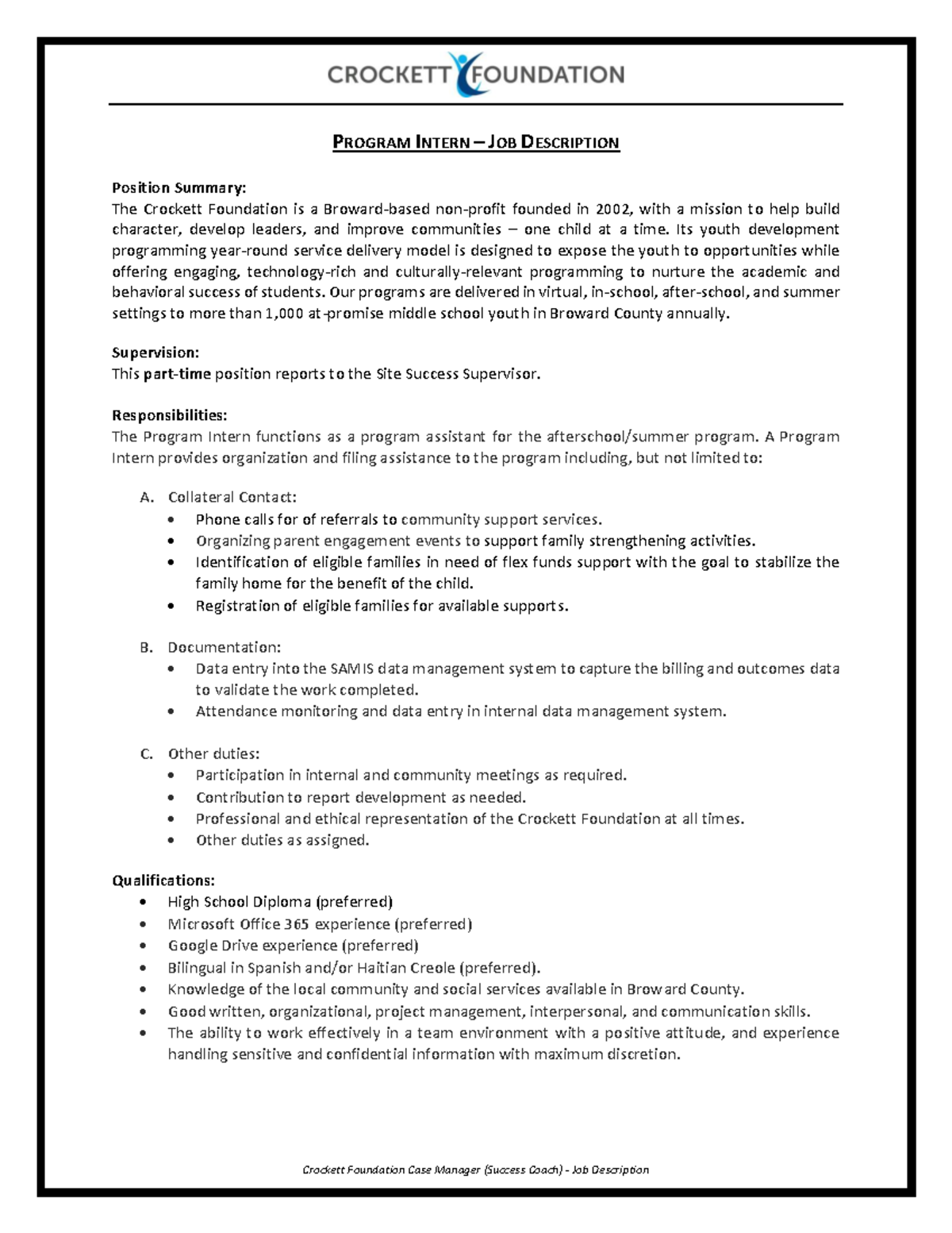 CF Program Intern Job Description - Responsibilities & Qualifications ...