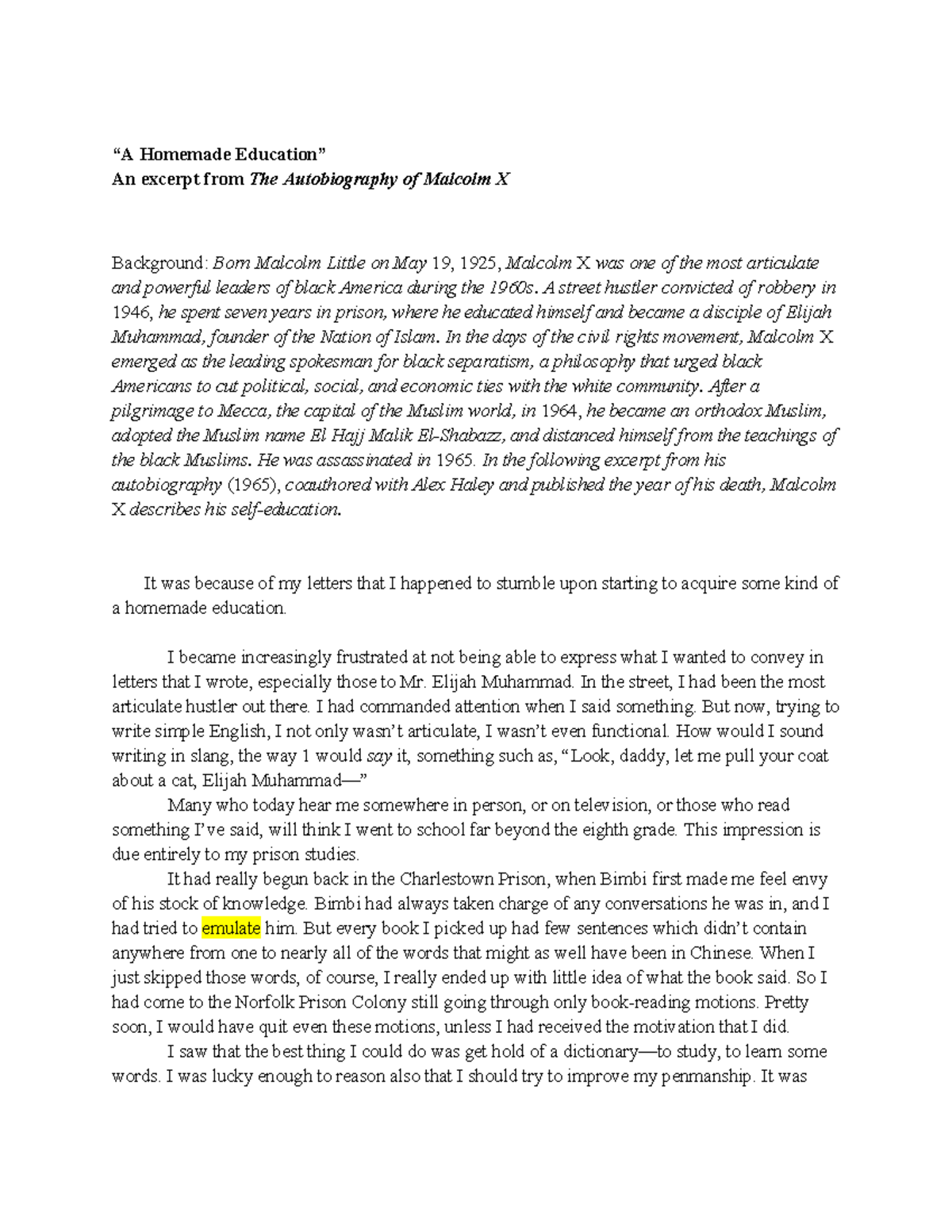 A Homemade Education: Excerpt from The Autobiography of Malcolm X - Studocu