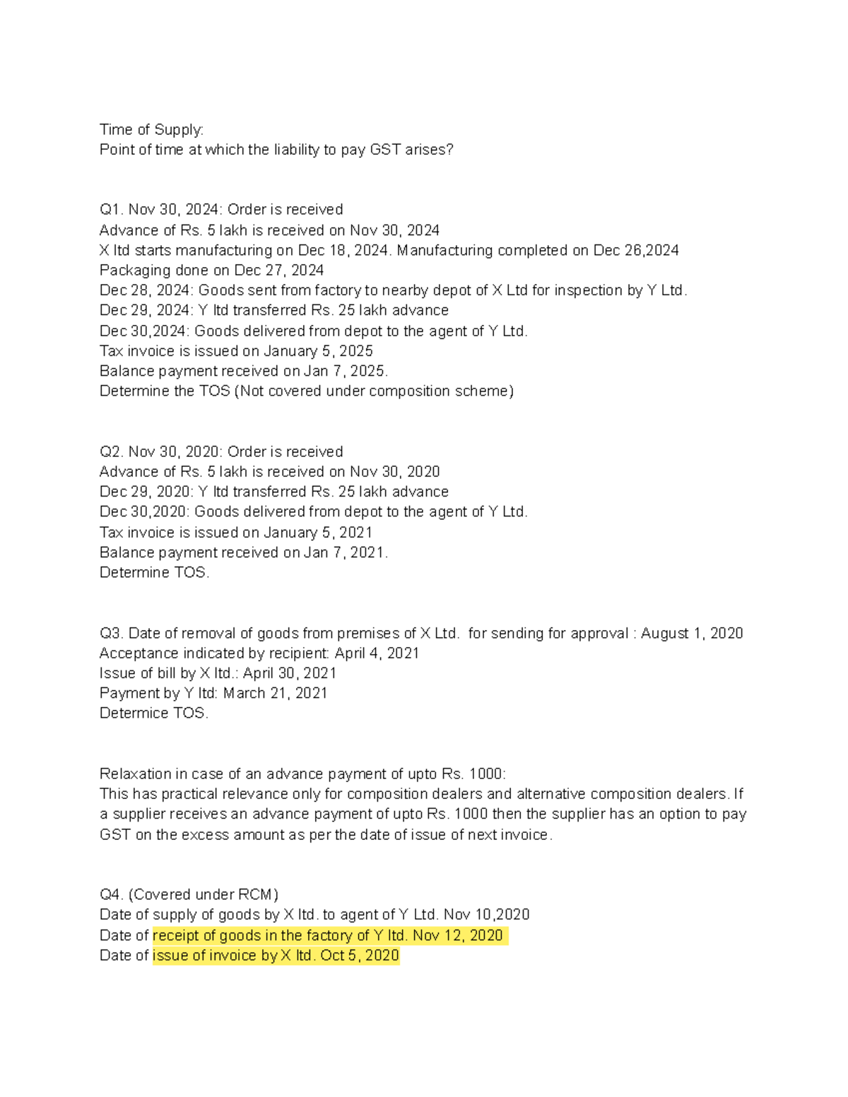 Time of Supply Practice Questions for GST: Q1-Q10 Analysis - Studocu