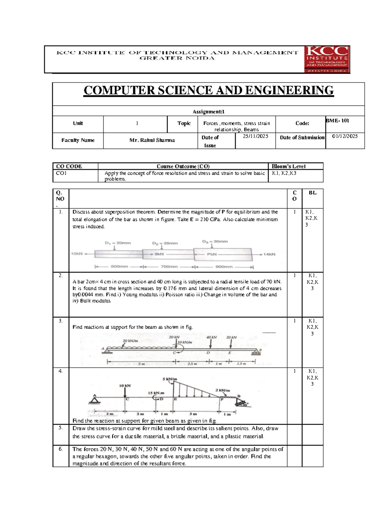 CSE Assignment 1: Forces, Moments, and Stress-Strain Analysis - Studocu