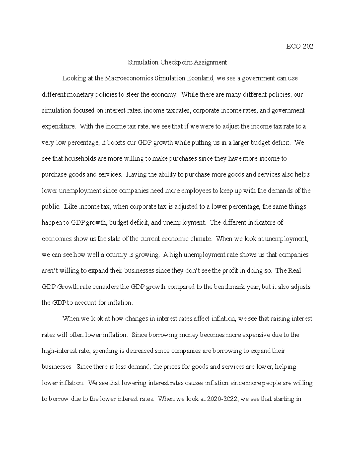 ECO-202 - Macroeconomics Simulation Checkpoint Assignment Insights - Studocu