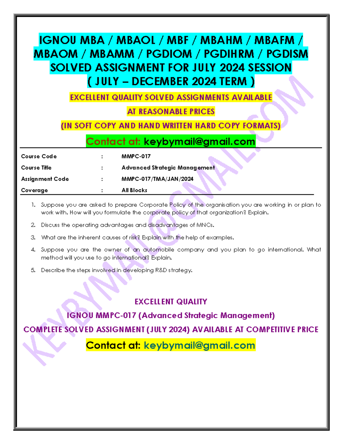 MMPC-017 (JULY 2024 Session) - IGNOU MBA / MBAOL / MBF / MBAHM / MBAFM / MBAOM / MBAMM / PGDIOM ...
