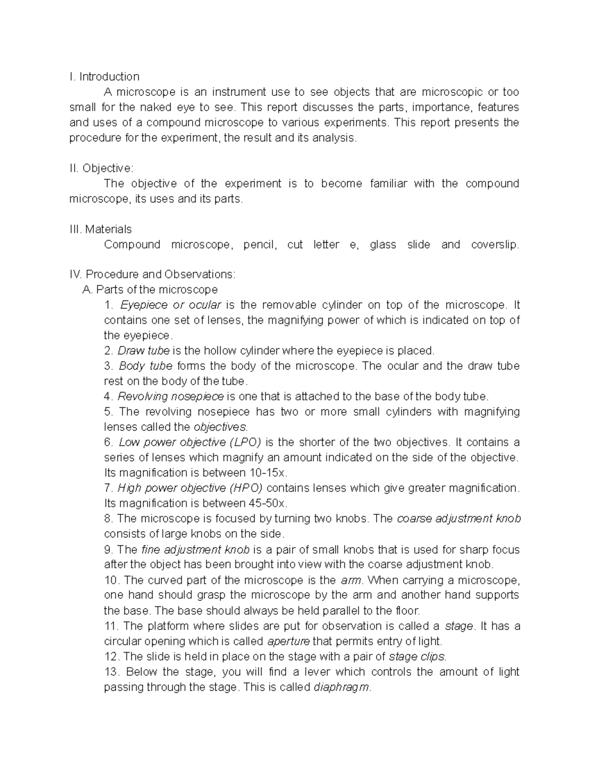283048214 1 Compound Microscope Lab Report - I. Introduction A ...