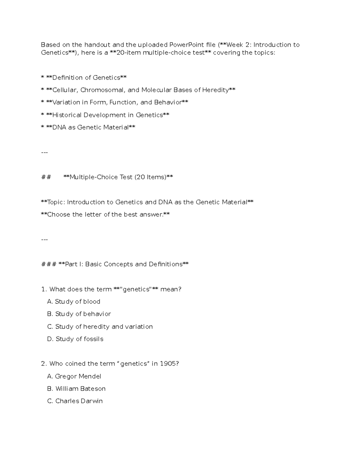 Quiz 1 - Gen Ed: Intro to Genetics & DNA Concepts - Studocu