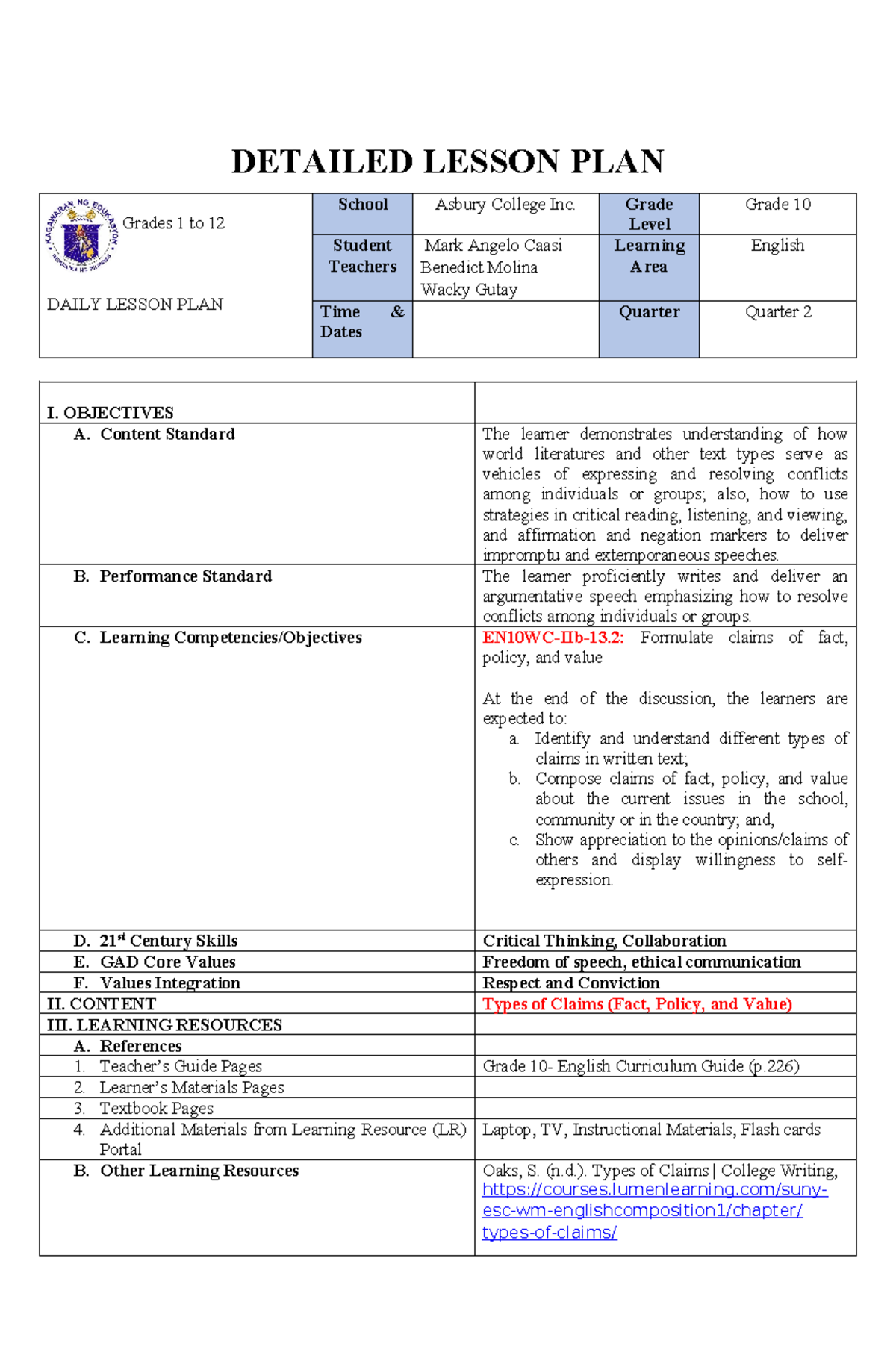Formulating Claims of Fact, Policy, and Value - DLP for Grade 10 - Studocu