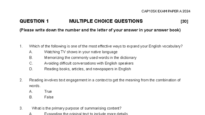 CAP105X EXAM Paper A 2024 final - QUESTION 1 MULTIPLE CHOICE QUESTIONS ...
