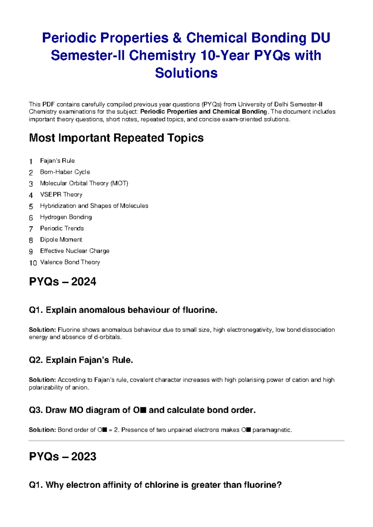 DU Chemistry Sem2 PYQs: Periodic Properties & Chemical Bonding ...