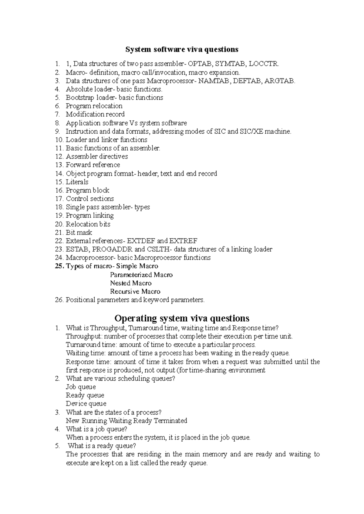 Viva Questions for SS (System Software) and OS (Operating Systems) - Studocu