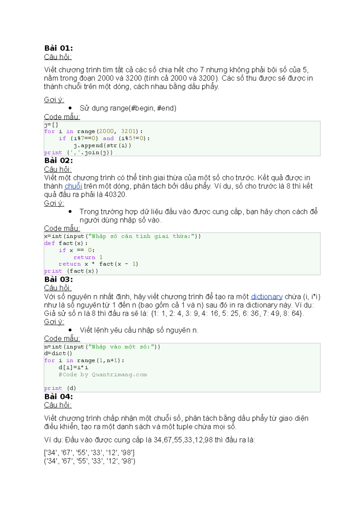 100 exercises on python 100 bai tap python - Bài 01: Câu hỏi: Viết ...