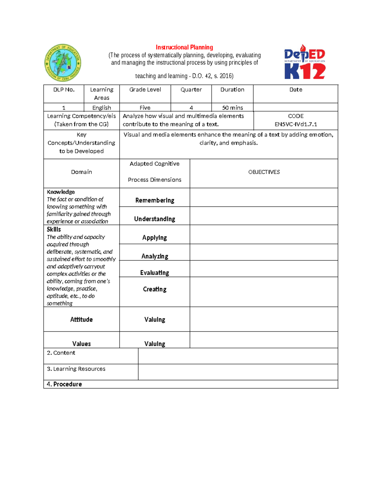 Grade 5 lesson plan on instructional planning and multimedia elements ...