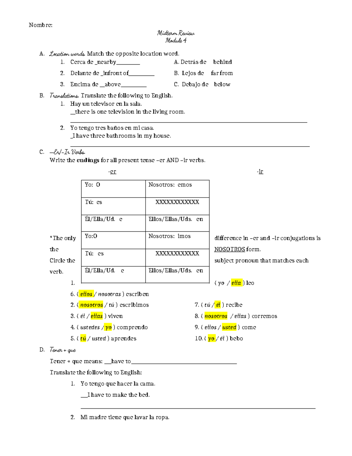 Midterm Review: Module 4 - Location Words & Verbs - Studocu
