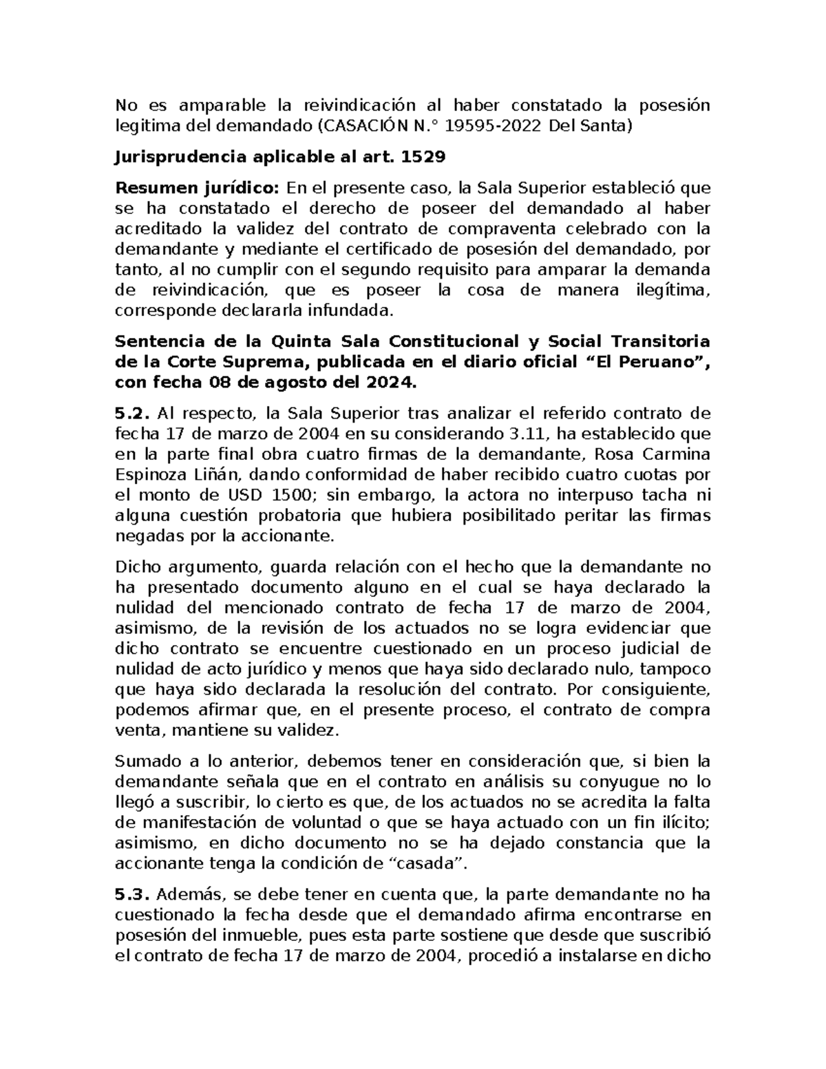 Reivindicación y Posesión Legítima: Análisis de CASACIÓN Del Santa ...