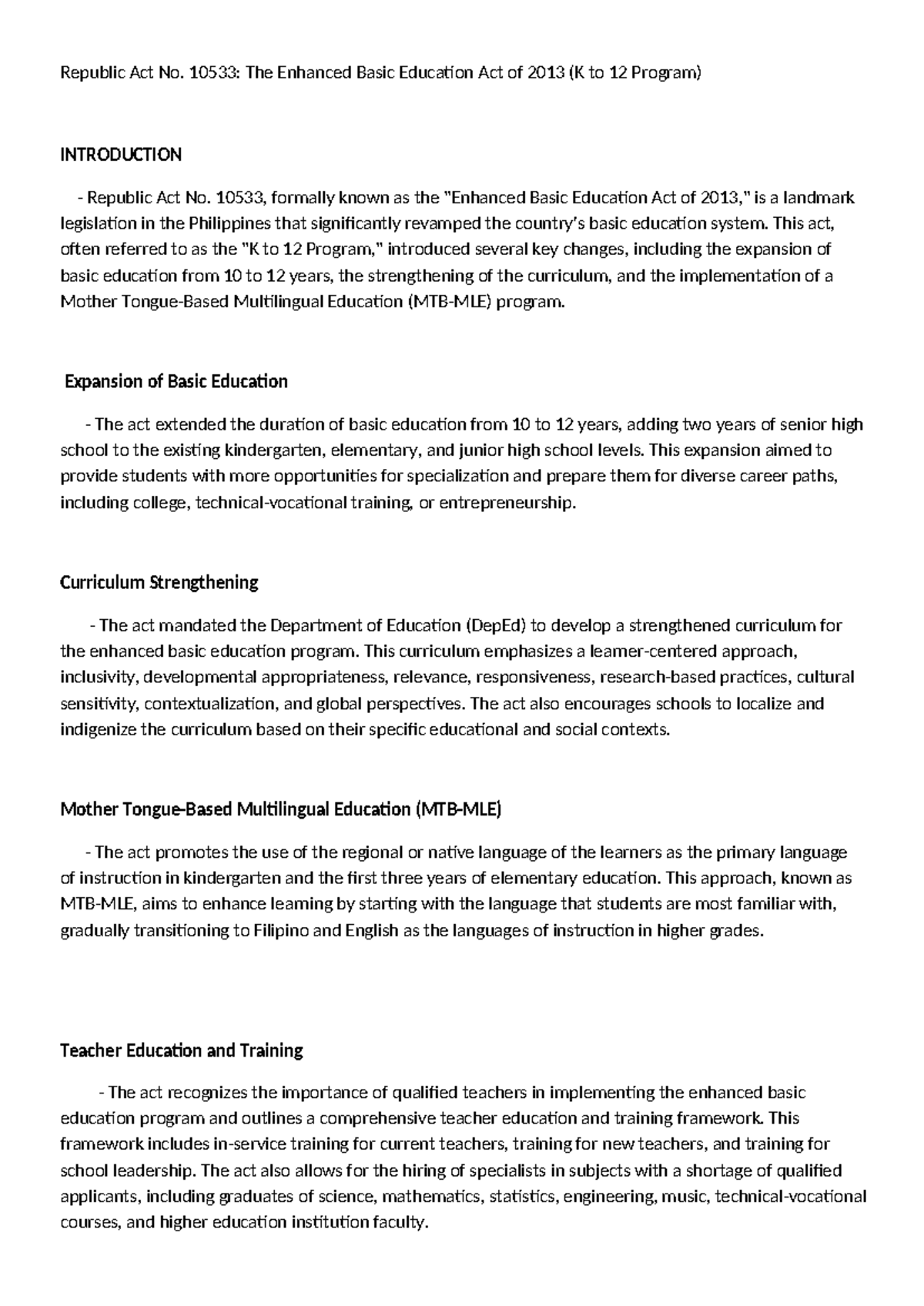 RA 10533: Overview of the Enhanced Basic Education Act (K to 12) - Studocu