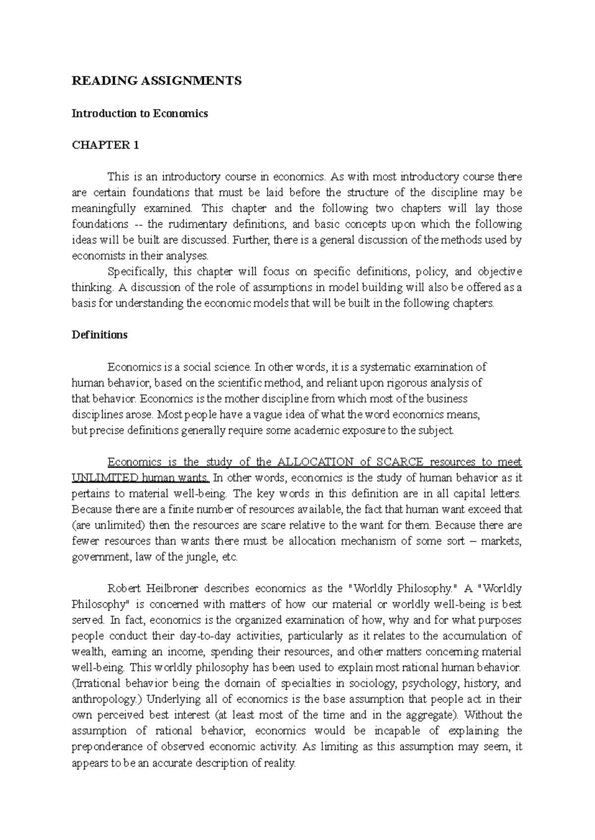 E201 Reading Assignments: Introduction to Economics Overview - Studocu