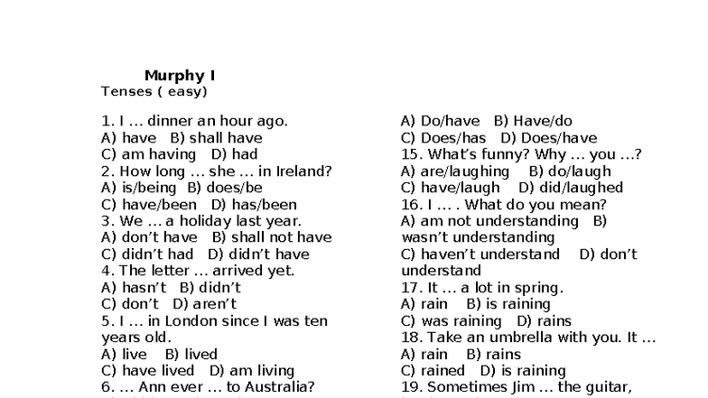 Murphy I Tenses Quiz (Easy) - Ahaj - Studocu
