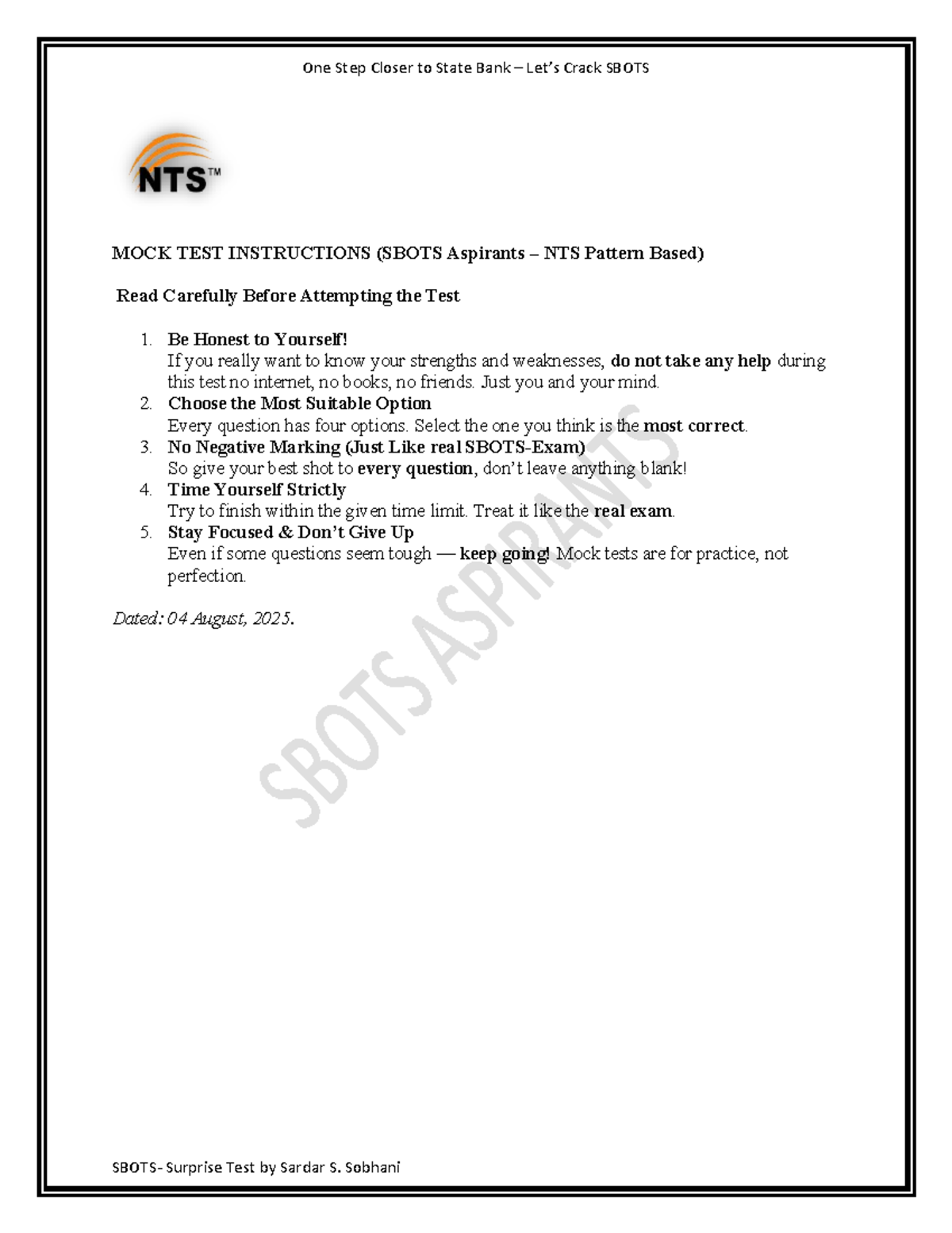 SBOTS Mock Test Instructions: Prepare for State Bank Exam - Studocu