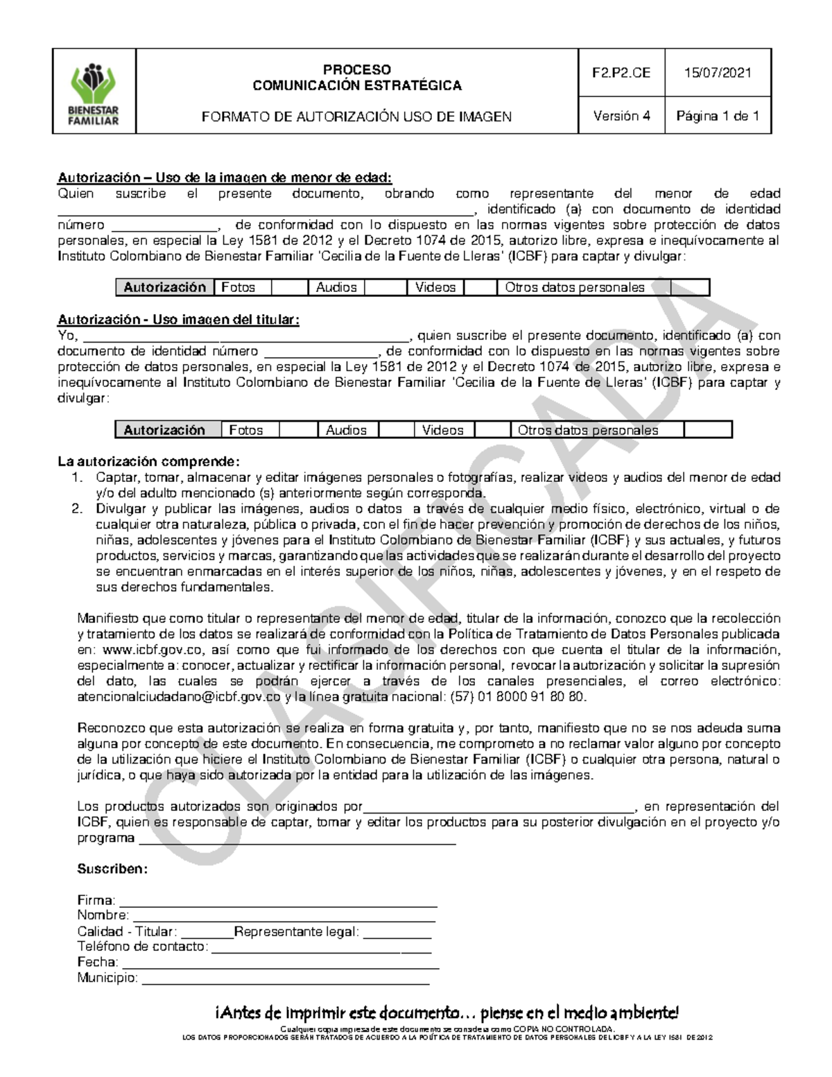 F2 - Formato de Autorización para Uso de Imagen (Versión 4) - Studocu