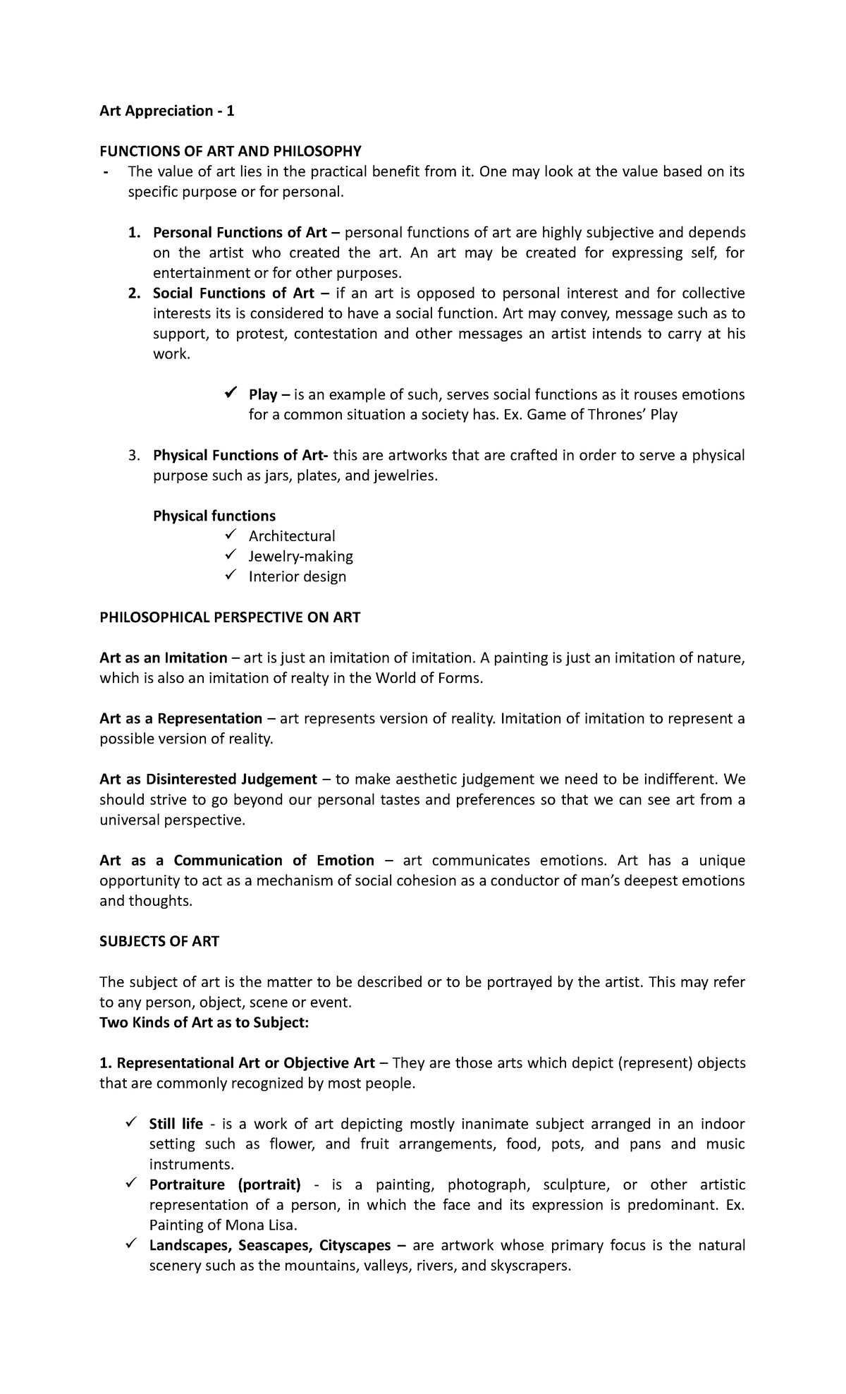Lesson 2 - Concise Fact Sheet on Functions and Subjects of Art - Studocu