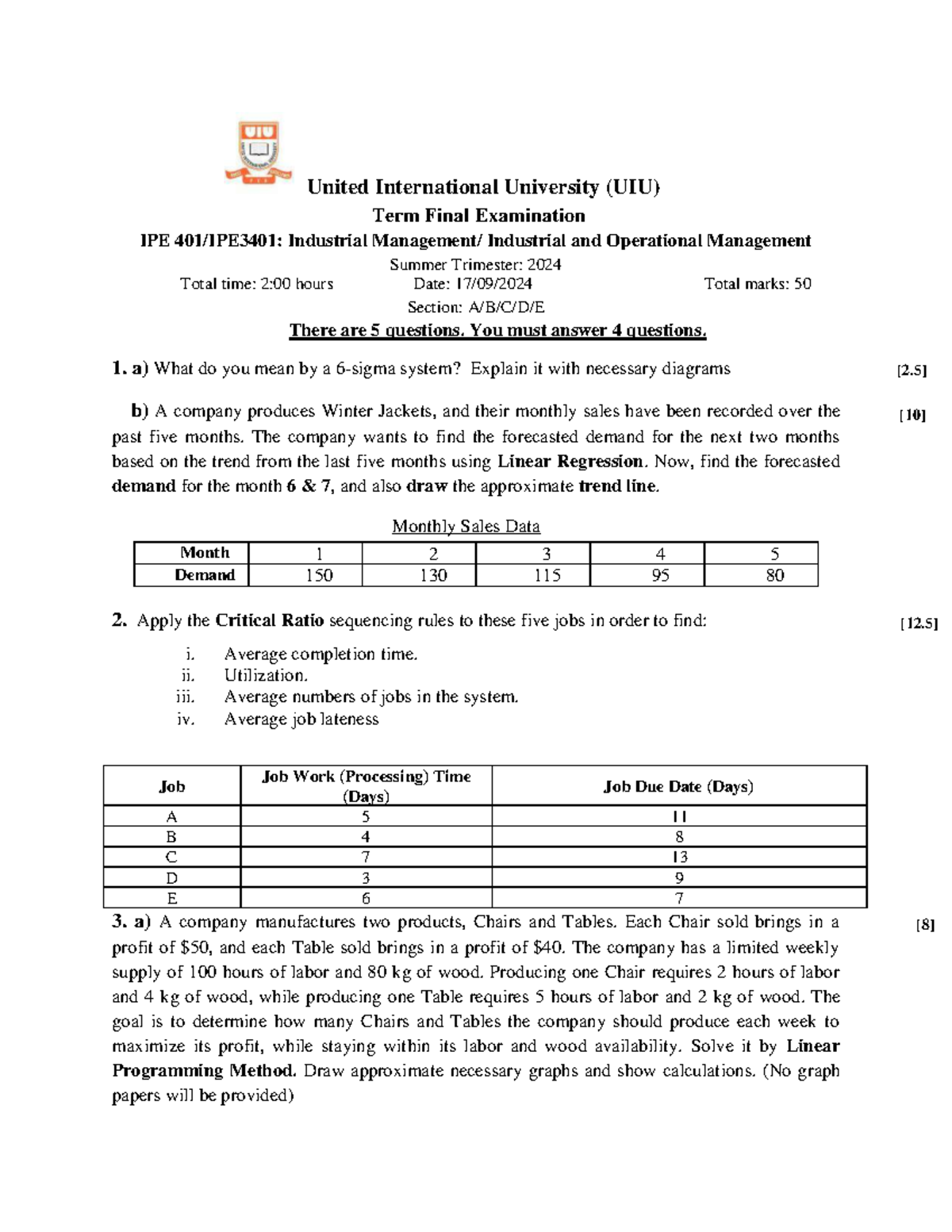 IPE3401 Final Exam: Industrial & Operational Management - Summer 2024 ...