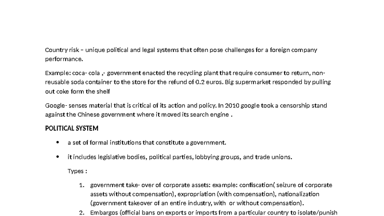 Country Risk Analysis: Political & Legal Systems Challenges (BUS 101 ...