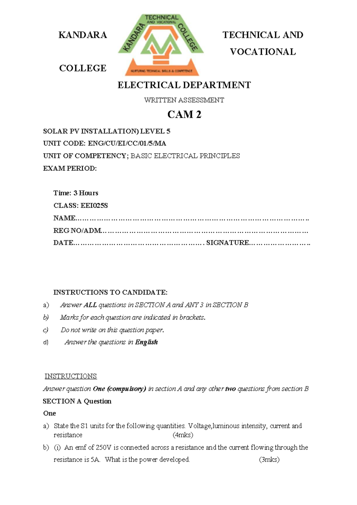 EEI025S Level 5 Written Assessment: Solar PV Installation Exam - Studocu