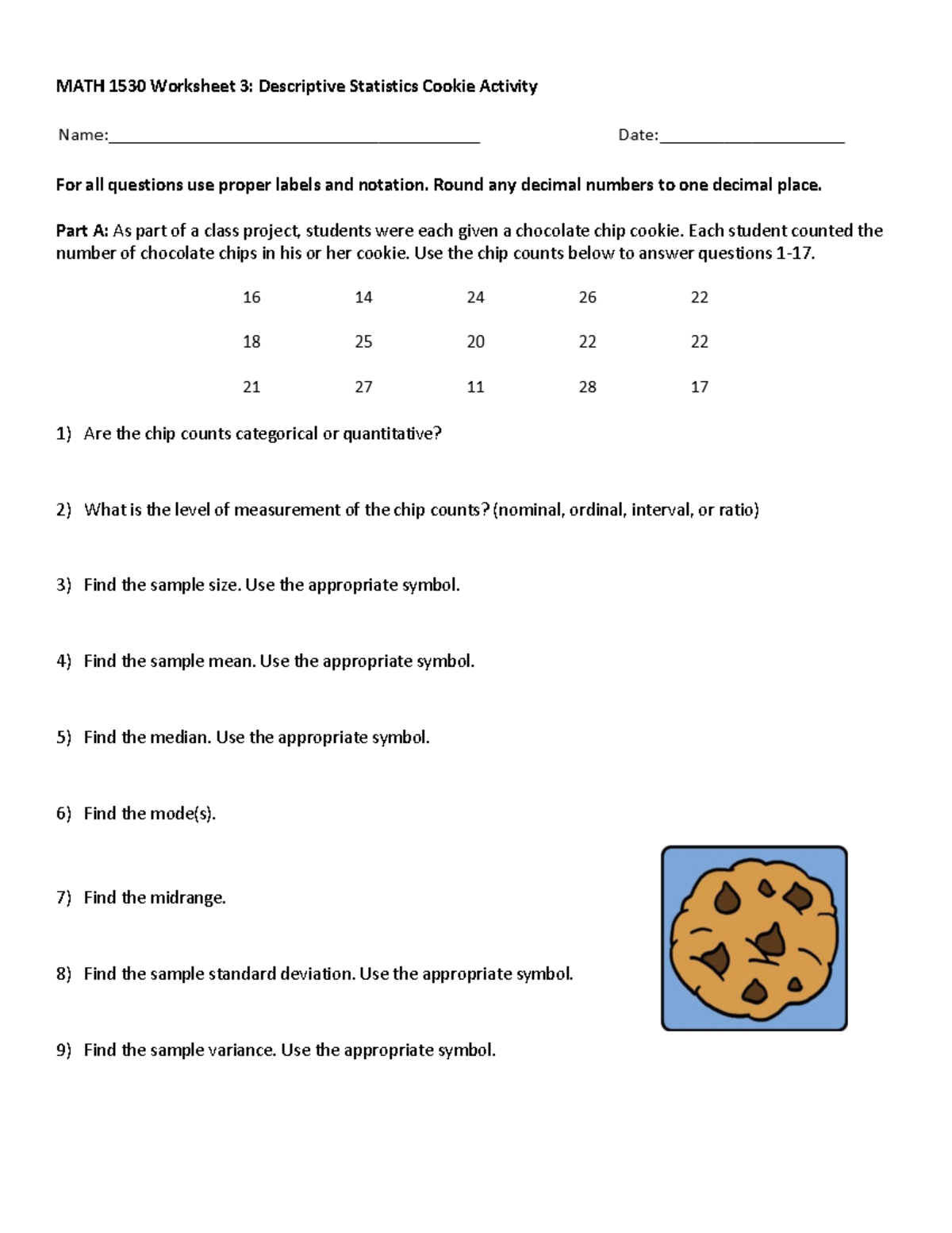 MATH 1530 Worksheet 3: Descriptive Stats Cookie Count Analysis - Studocu